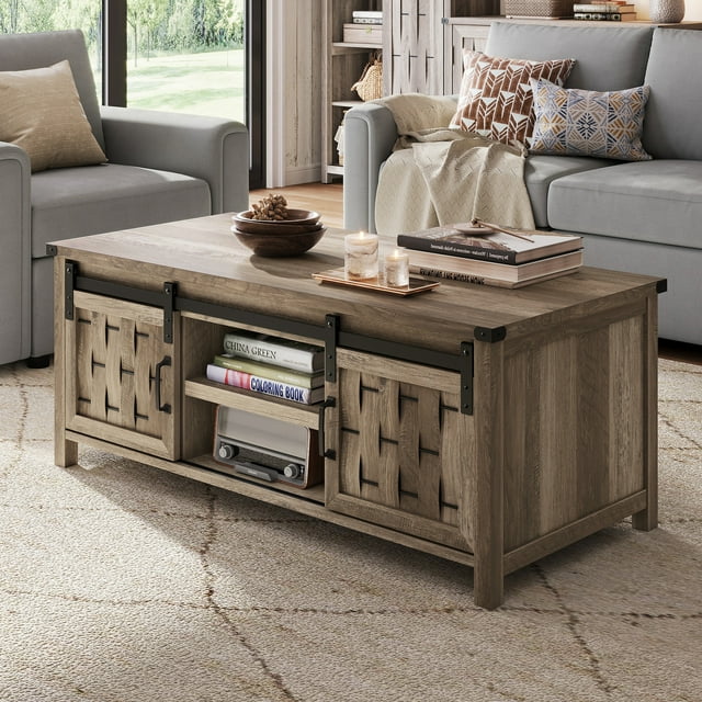 LINSY HOME Coffee Table with Storage & Sliding Barn Doors, Farmhouse ...