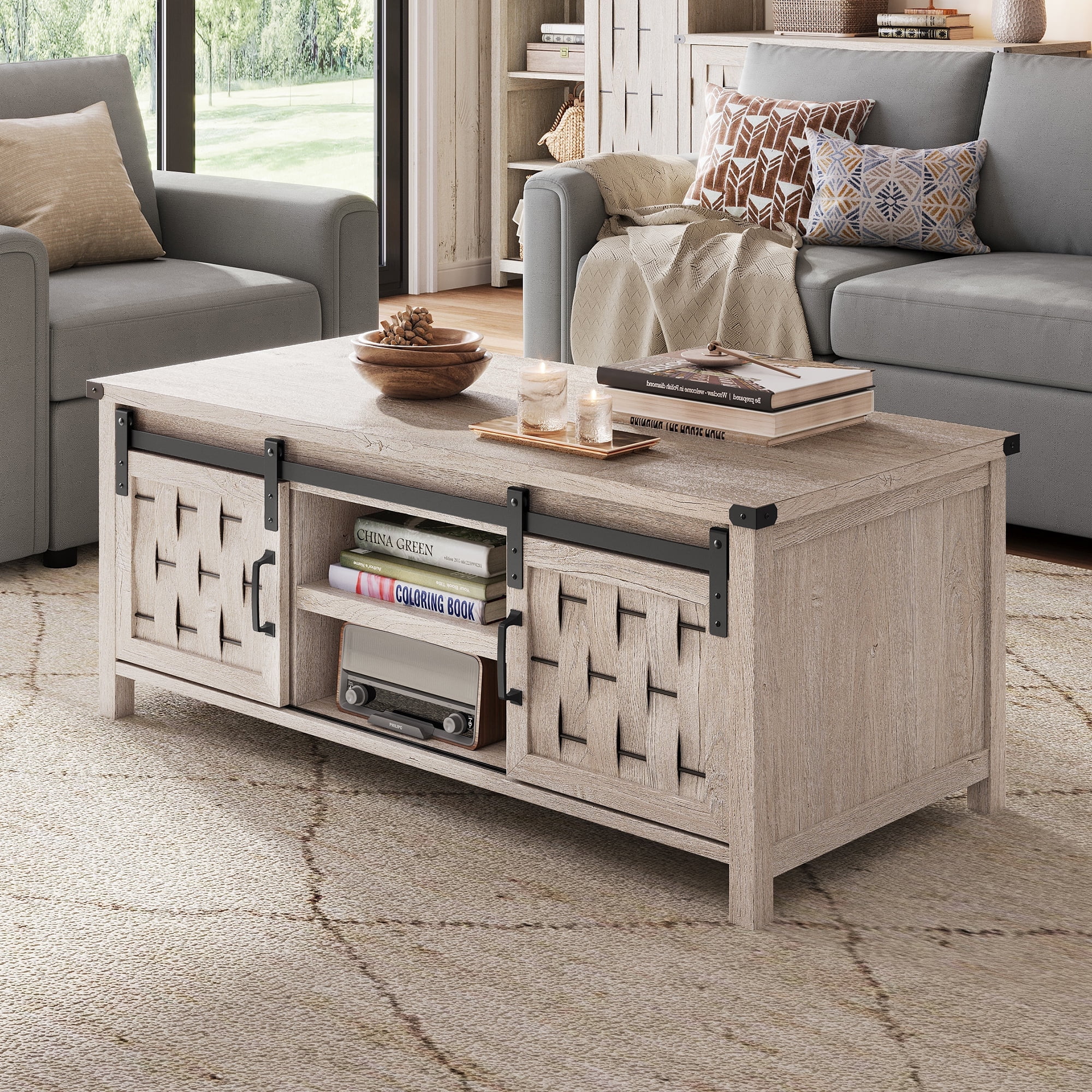LINSY HOME Coffee Table with Storage & Sliding Barn Doors,Farmhouse ...