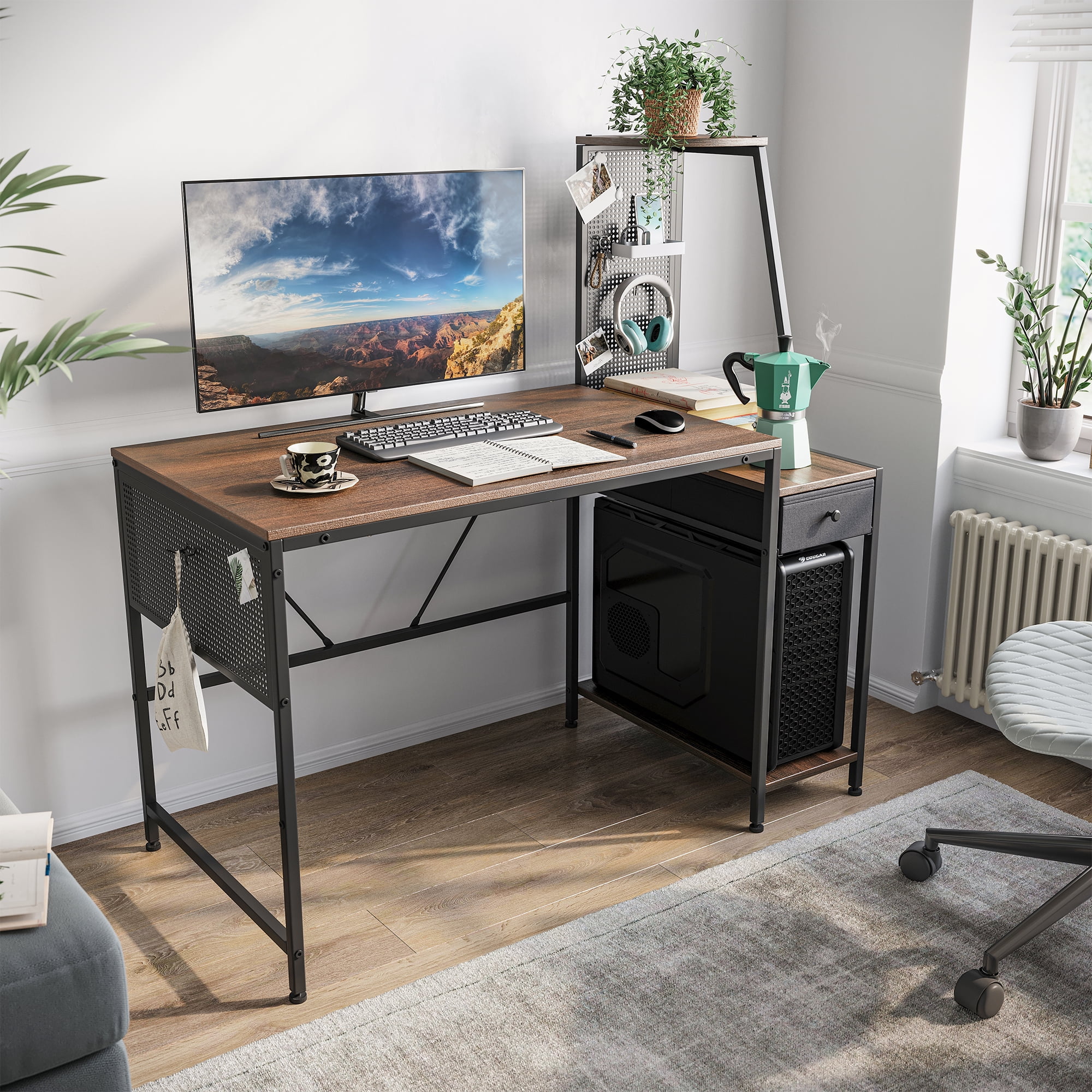LINSY HOME Computer Desk 47”, Home Office Desk with Storage Shelves, PC ...