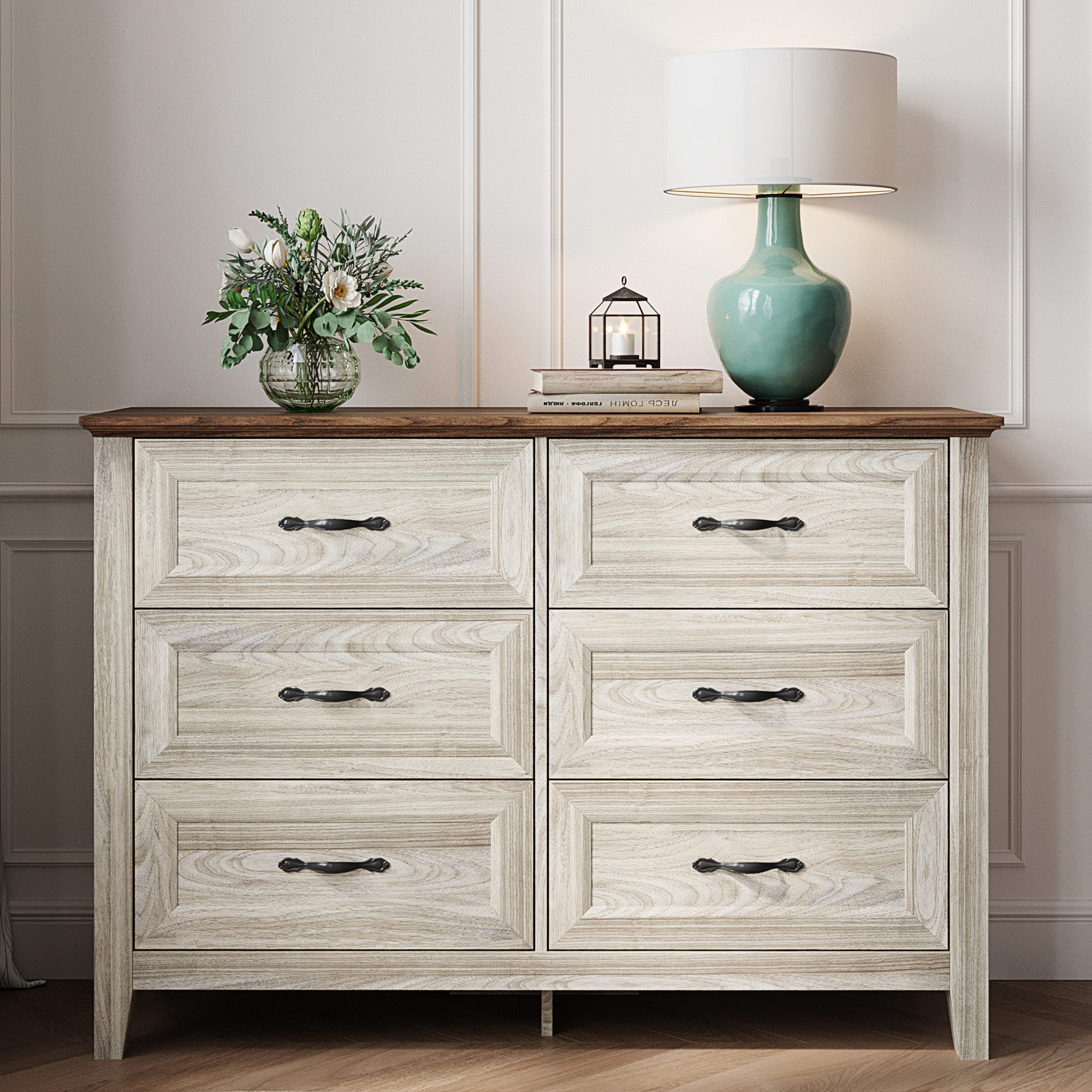 LINSY HOME Dresser for Bedroom, Long Dresser with 9 Drawers and Antique ...
