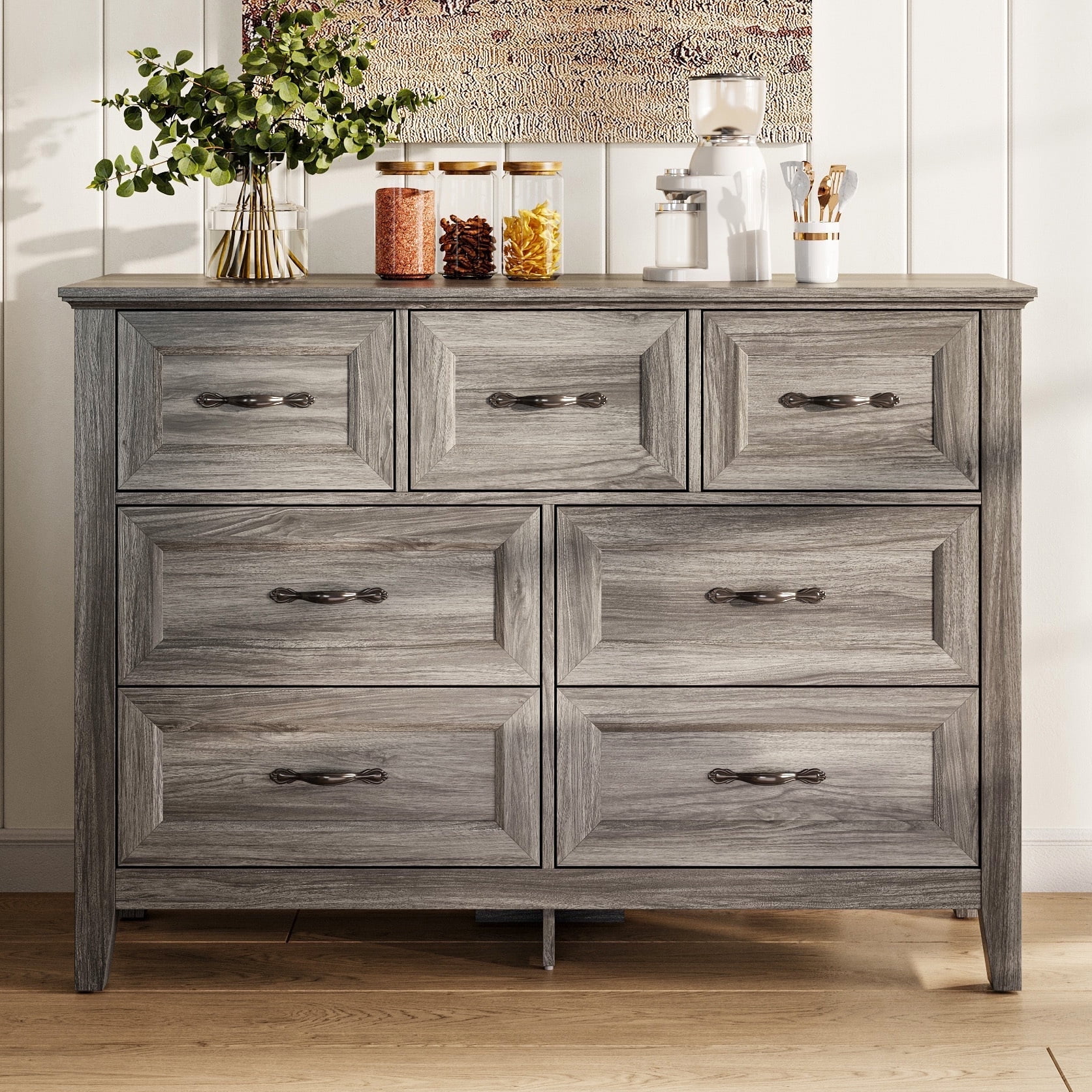 LINSY HOME Dresser for Bedroom, Long Dresser with 7 Drawers and Antique ...