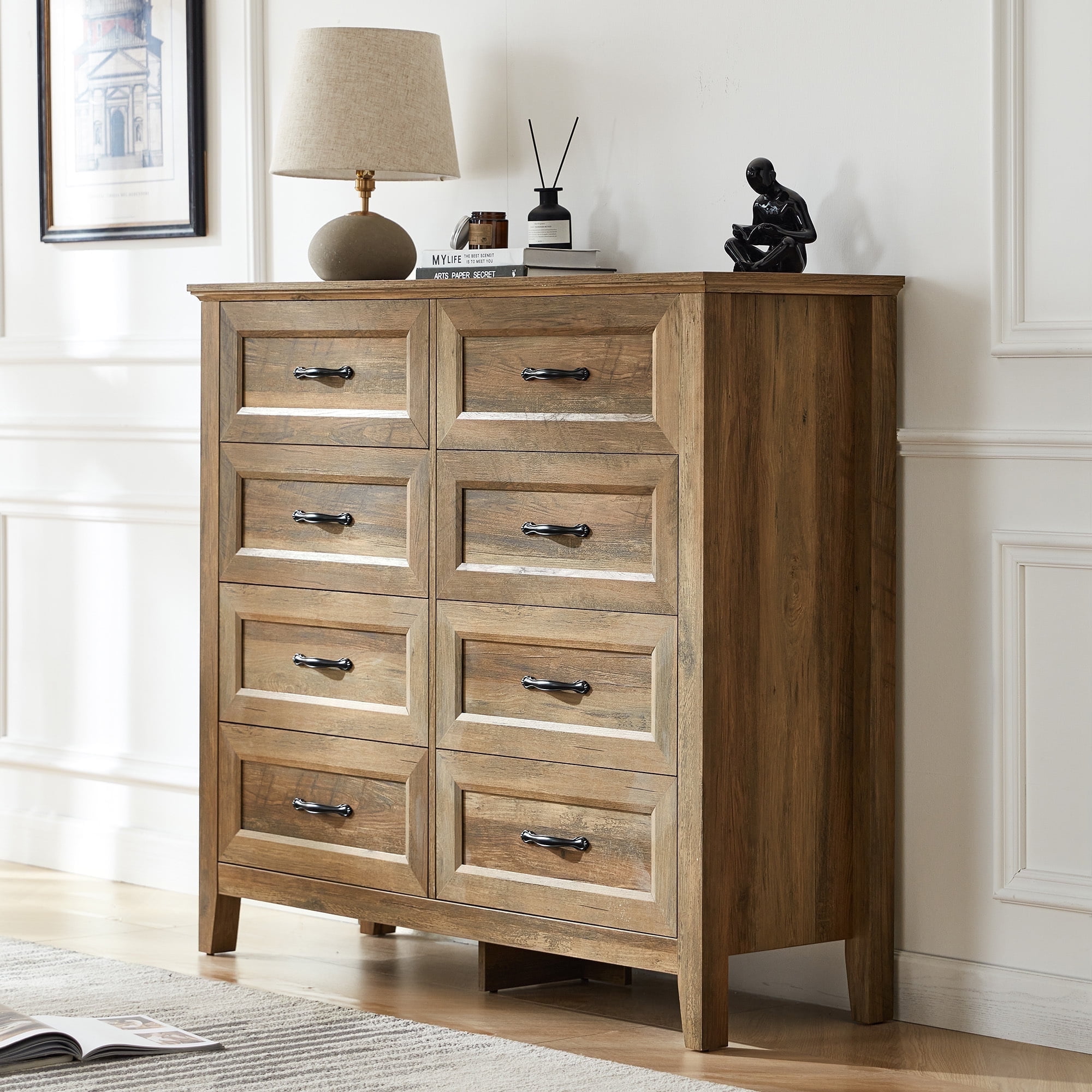LINSY HOME Dresser for Bedroom, Long Dresser with 8 Drawers and Antique ...