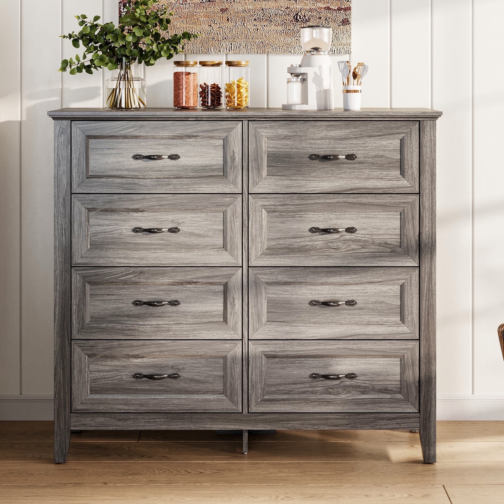 LINSY HOME Dresser for Bedroom, Long Dresser with 8 Drawers and Antique ...