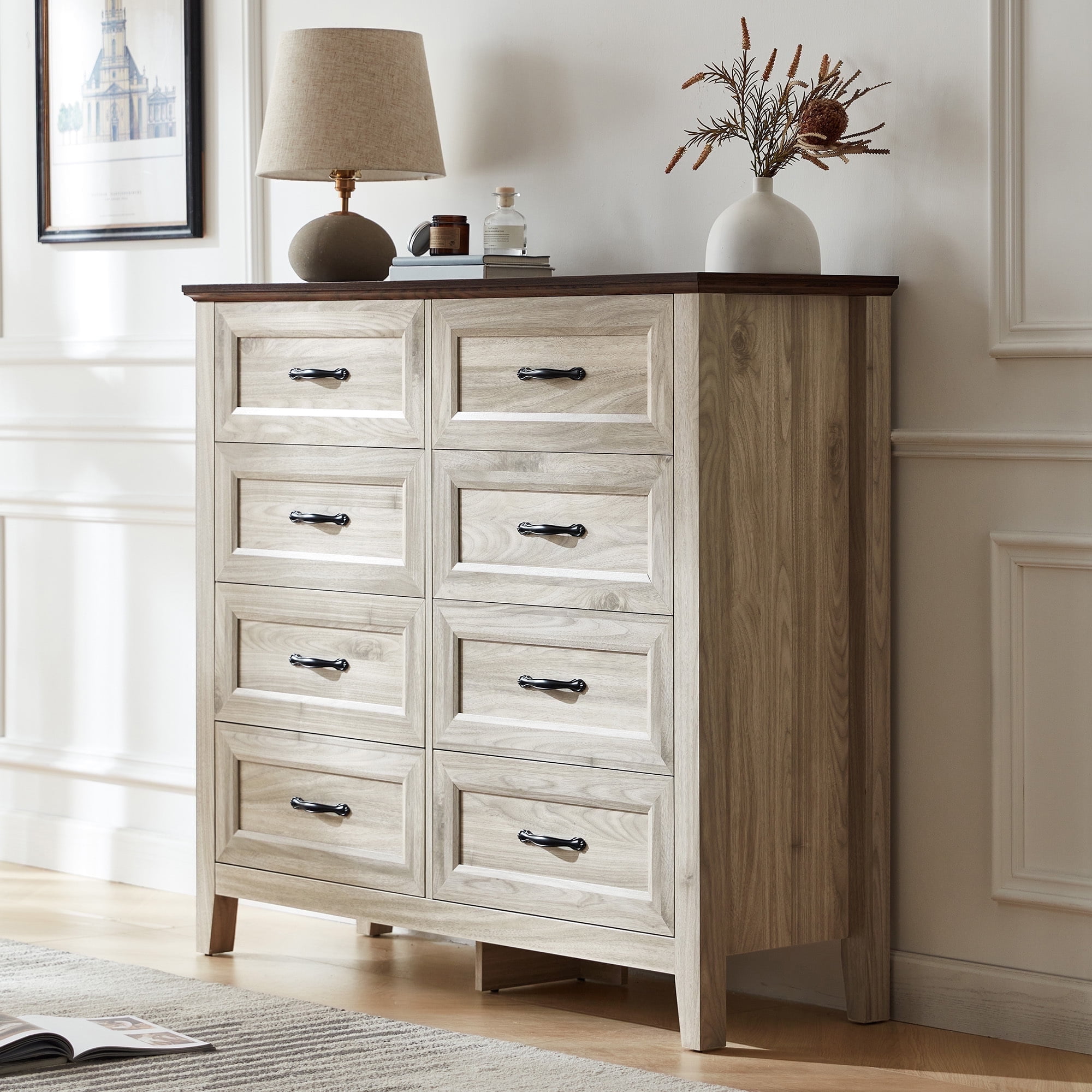 LINSY HOME Dresser for Bedroom, Long Dresser with 8 Drawers and Antique ...