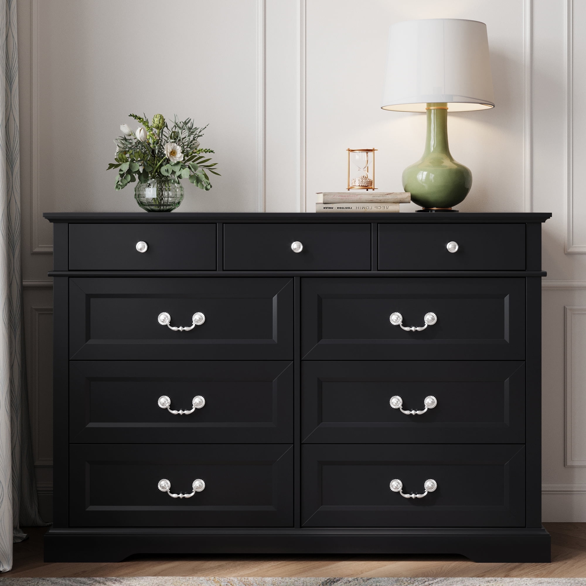 LINSY HOME Dresser for Bedroom, Long Dresser with 9 Drawers and Antique ...