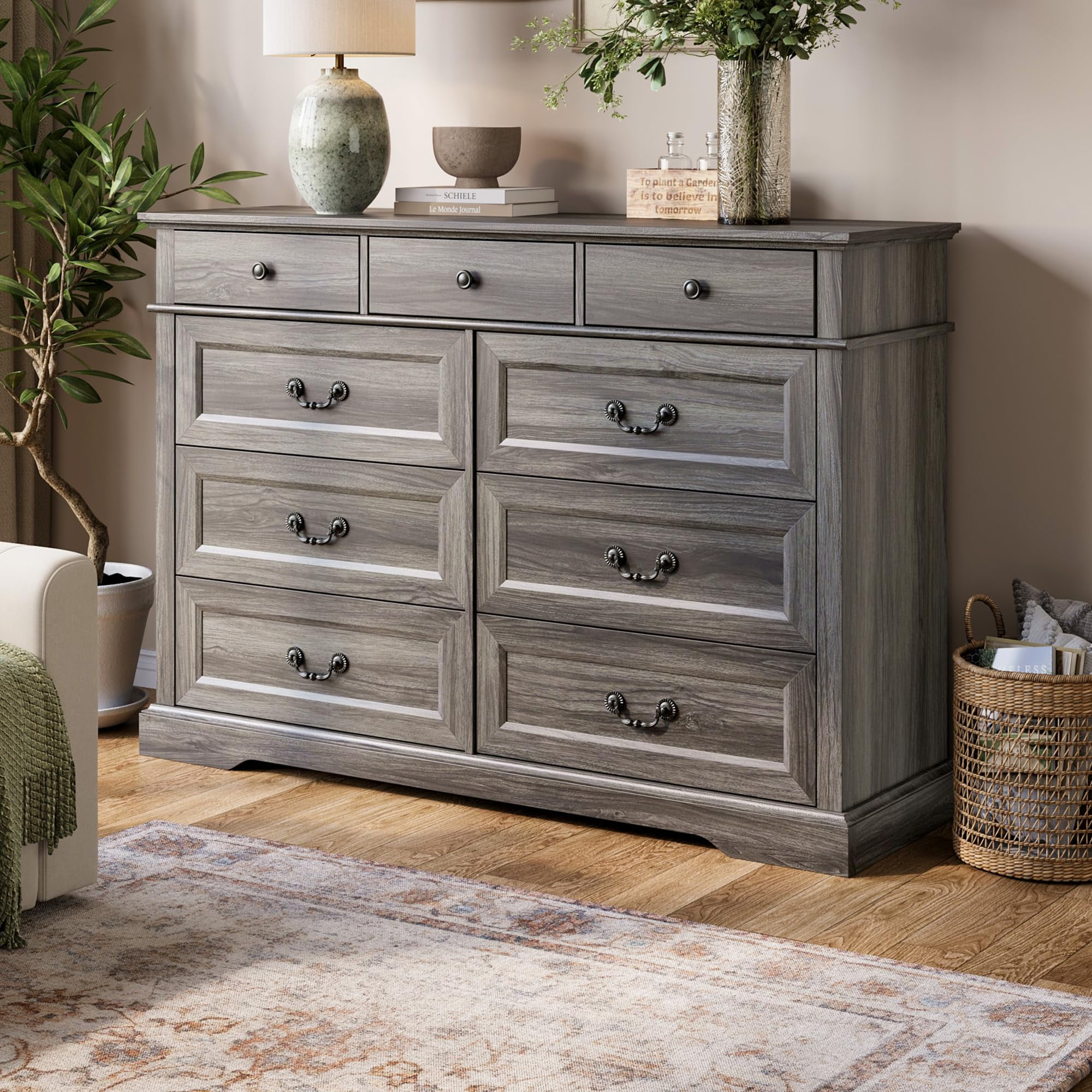 LINSY HOME Dresser for Bedroom, Long Dresser with 9 Drawers and Antique ...