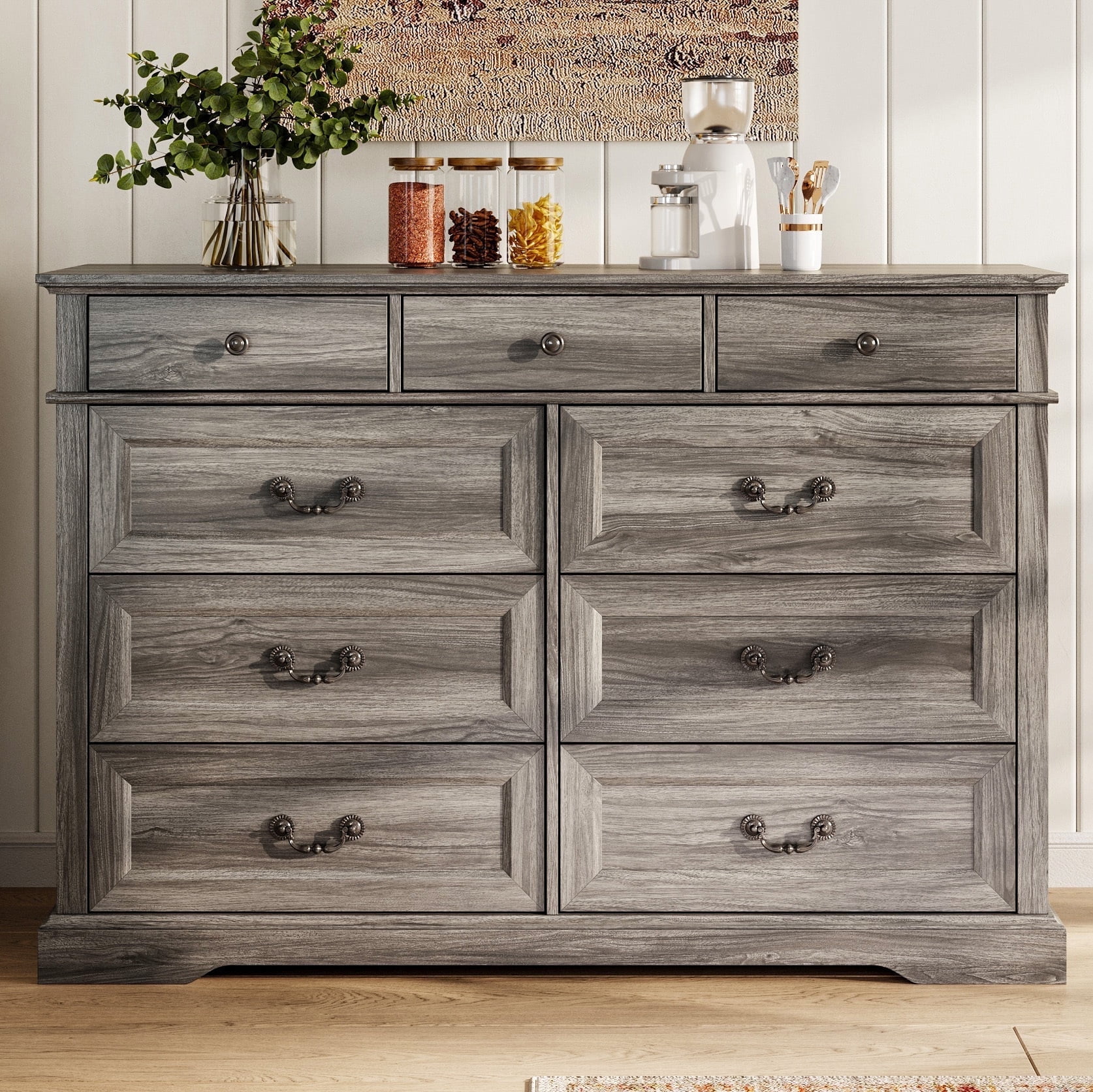 LINSY HOME Dresser for Bedroom, Long Dresser with 9 Drawers and Antique ...