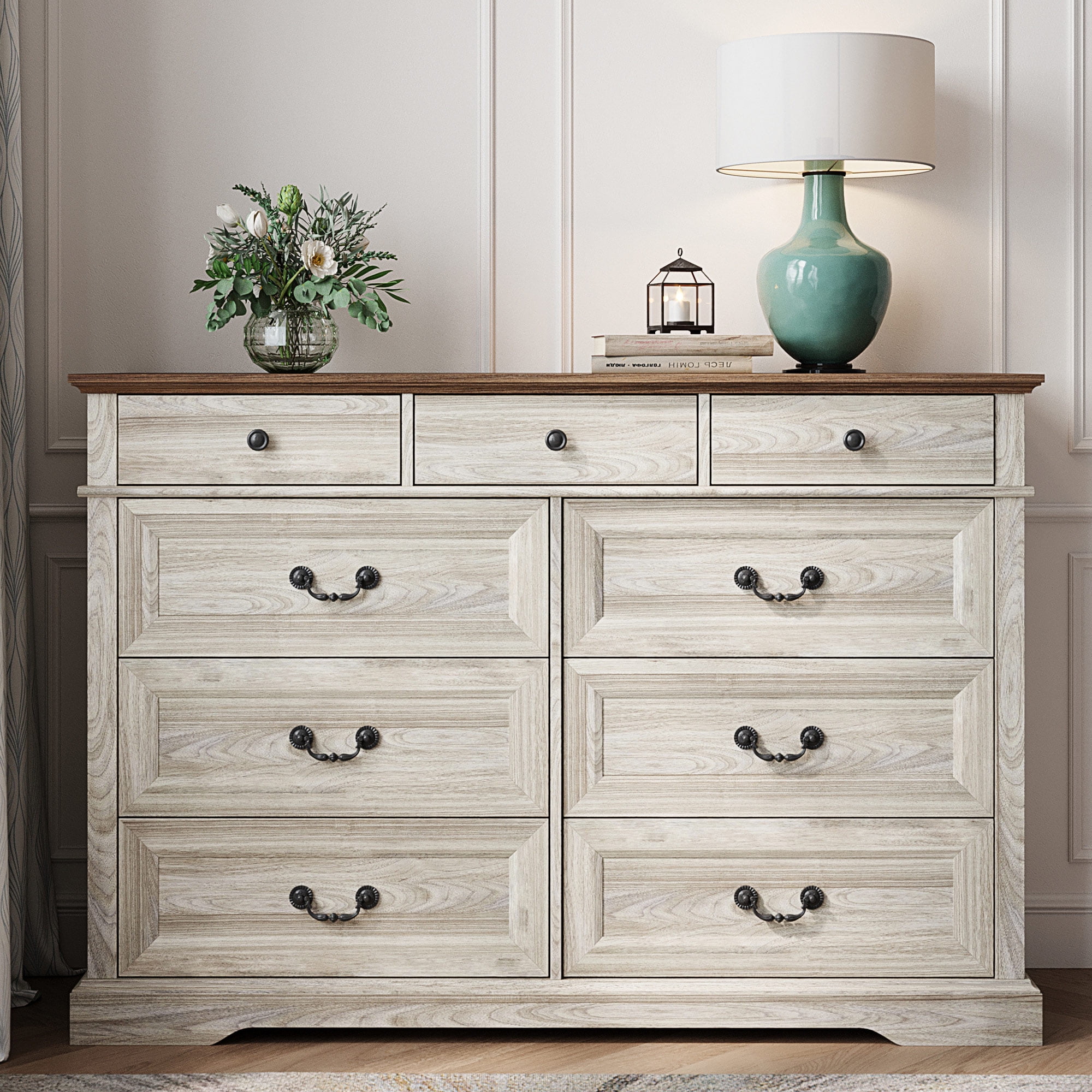 LINSY HOME Dresser for Bedroom, Long Dresser with 9 Drawers and Antique ...