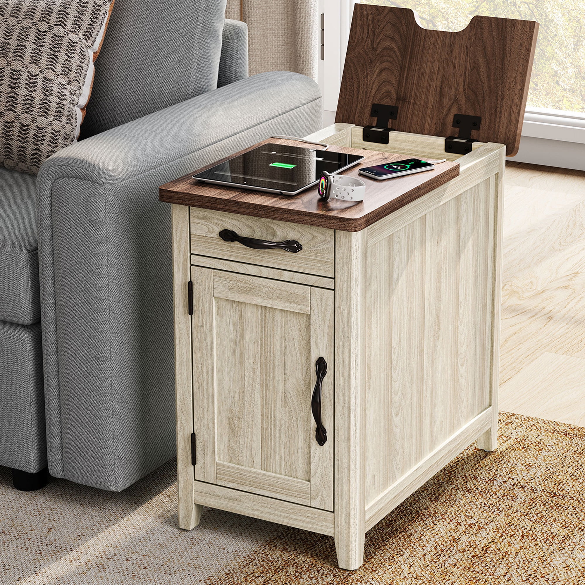 LINSY HOME End Table with Charging Station, Farmhouse Nightstand with ...
