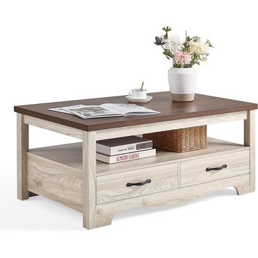 Dextrus Rustic Farmhouse Coffee Table, 2-Tier Open Storage, Thicken ...