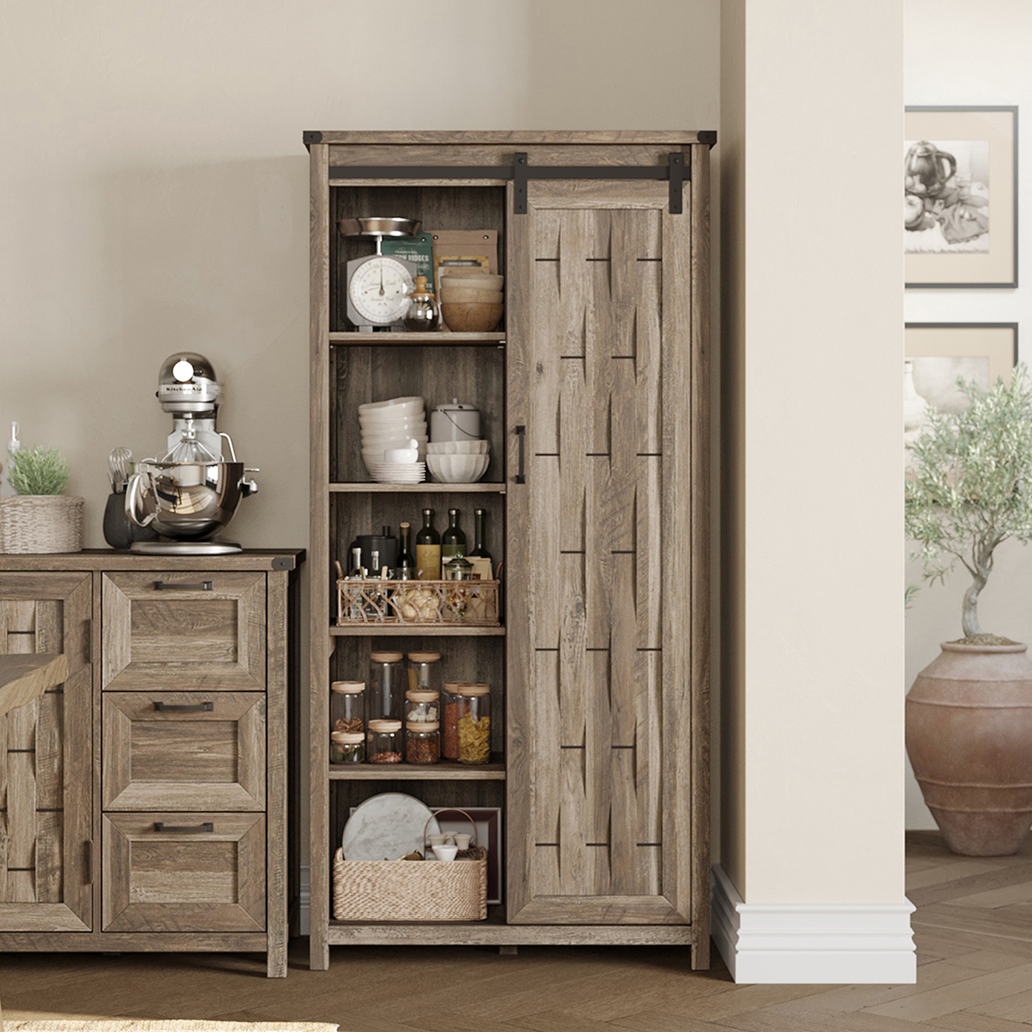 LINSY HOME 72'' Farmhouse Pantry Storage Cabinet, Kitchen Cabinets with 2 Doors, Storage Cabinet ...