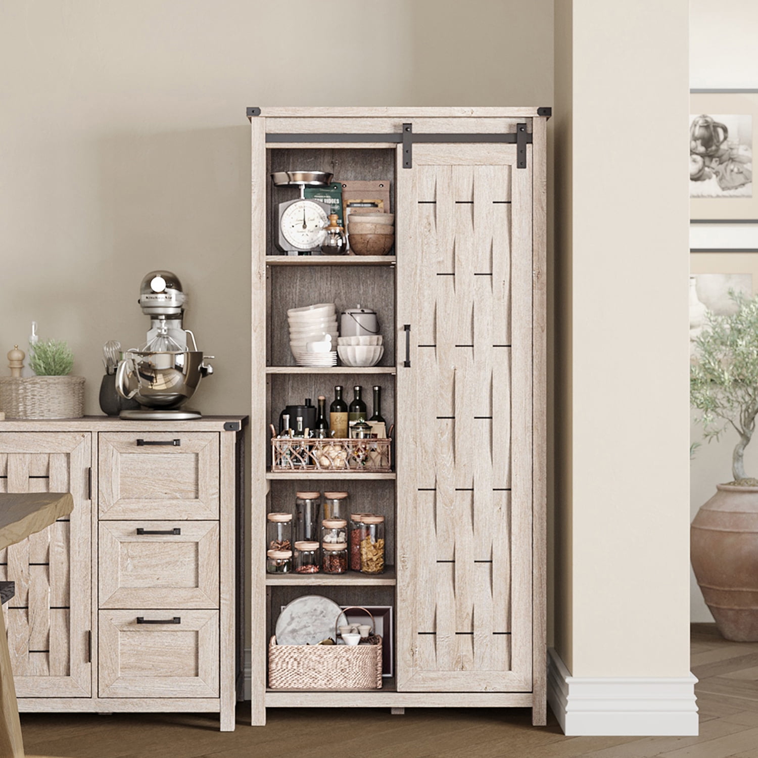 LINSY HOME Farmhouse Pantry Cabinet, Tall Storage Cabinet with ...