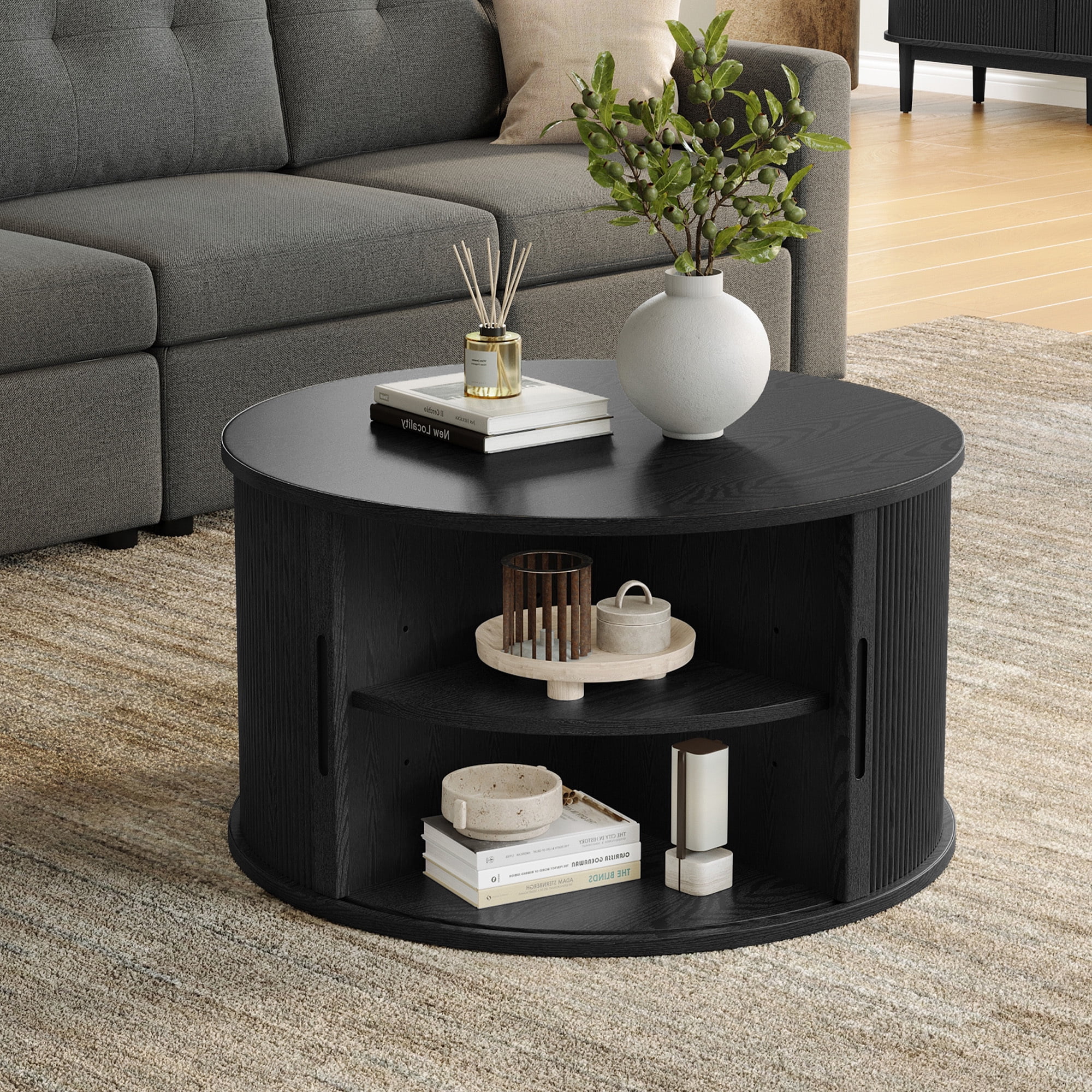 LINSY HOME Fluted Coffee Table Round with Large Storage, Mid-Century ...