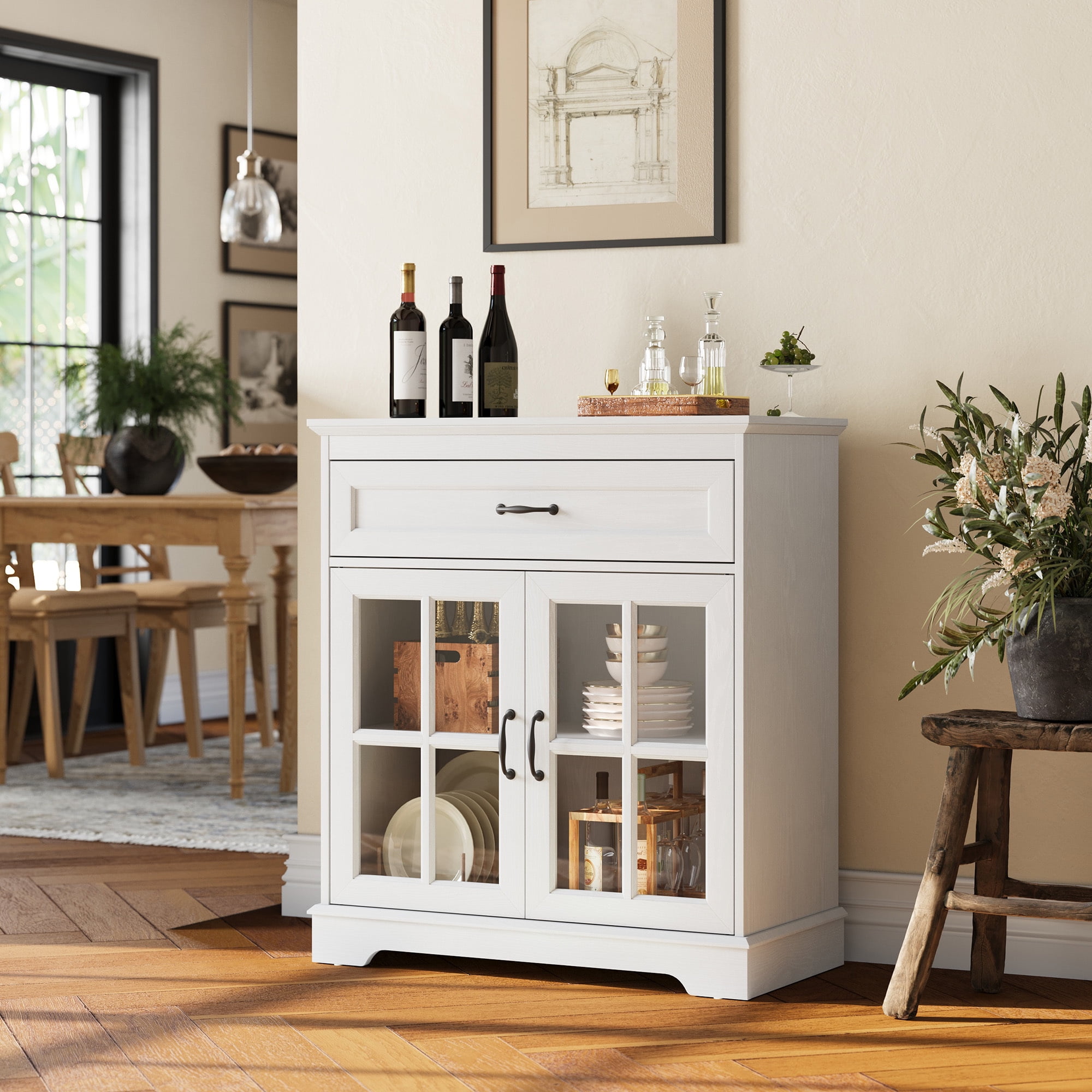 LINSY HOME Glass Doors Sideboard Buffet Cabinet with Large Drawer ...