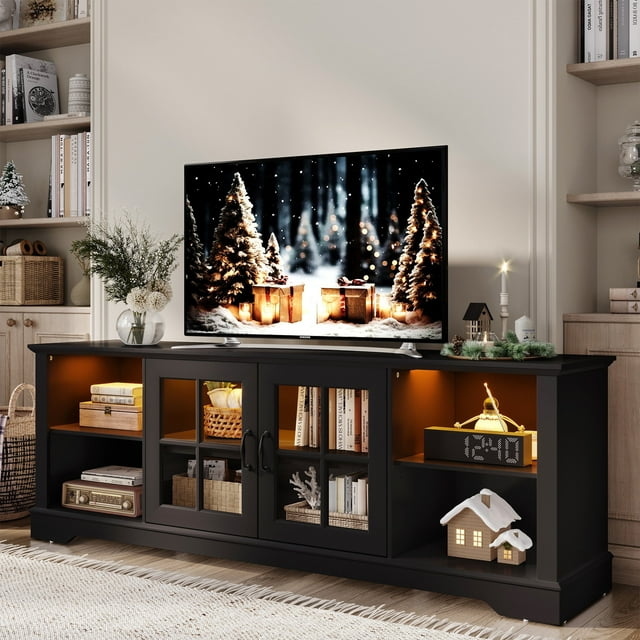 LINSY HOME Modern Glass TV Stand for TVs up to 75", LED Lights Home ...