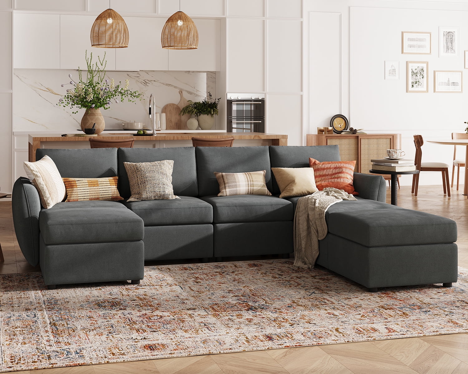 LINSY HOME Round Arm Modular Sofa with Storage, RUBIK I 7 Seat ...