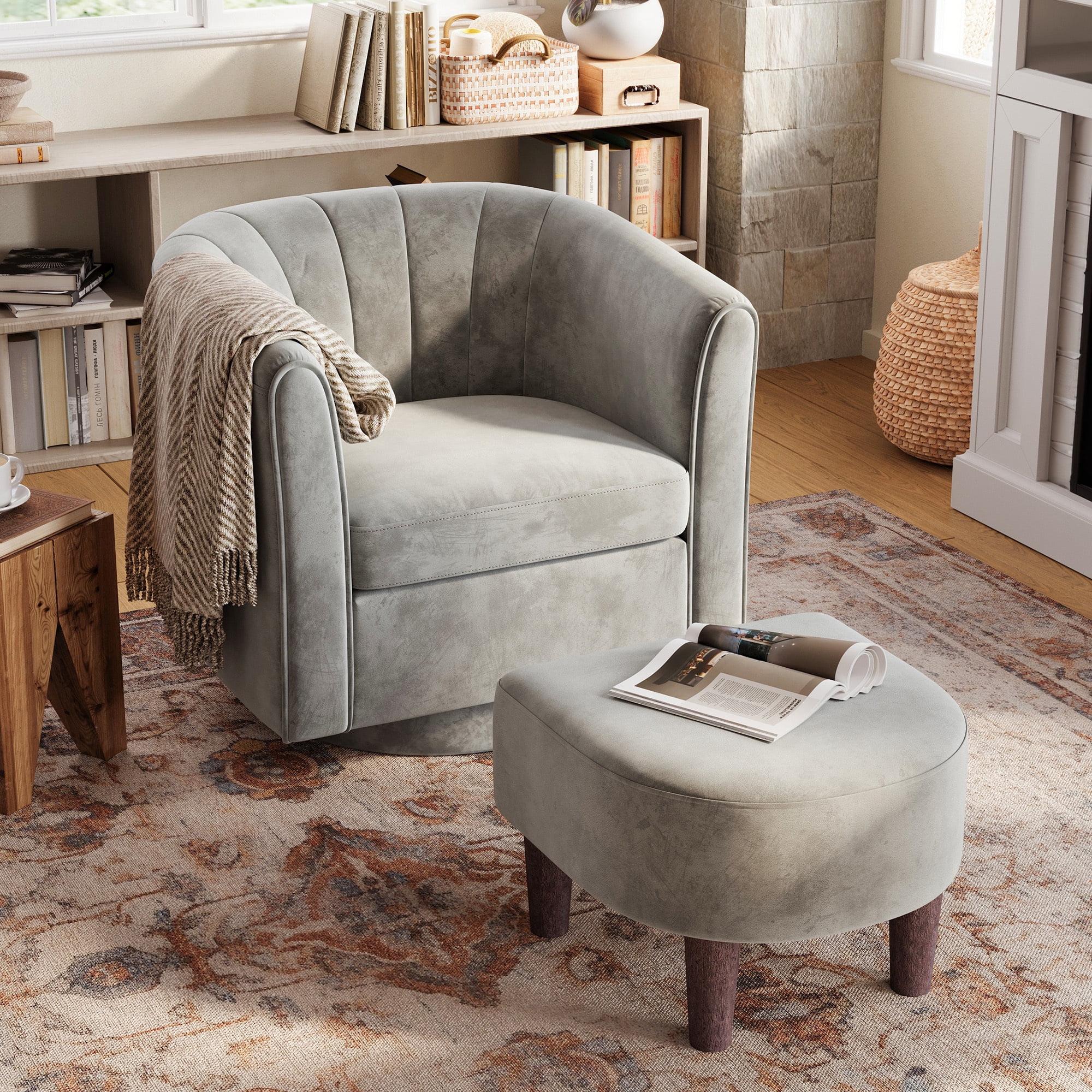 LINSY HOME Swivel Accent Chair with Ottoman, Velvet Barrel Chair for Living Room, Light Grey ...