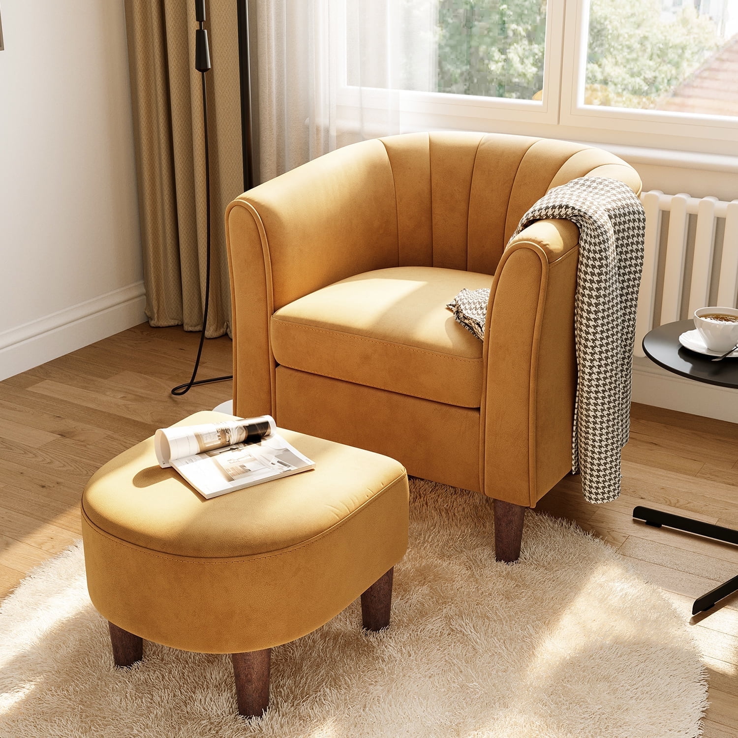 LINSY HOME Velvet Accent Chair with Ottoman for Living Room, Yellow ...