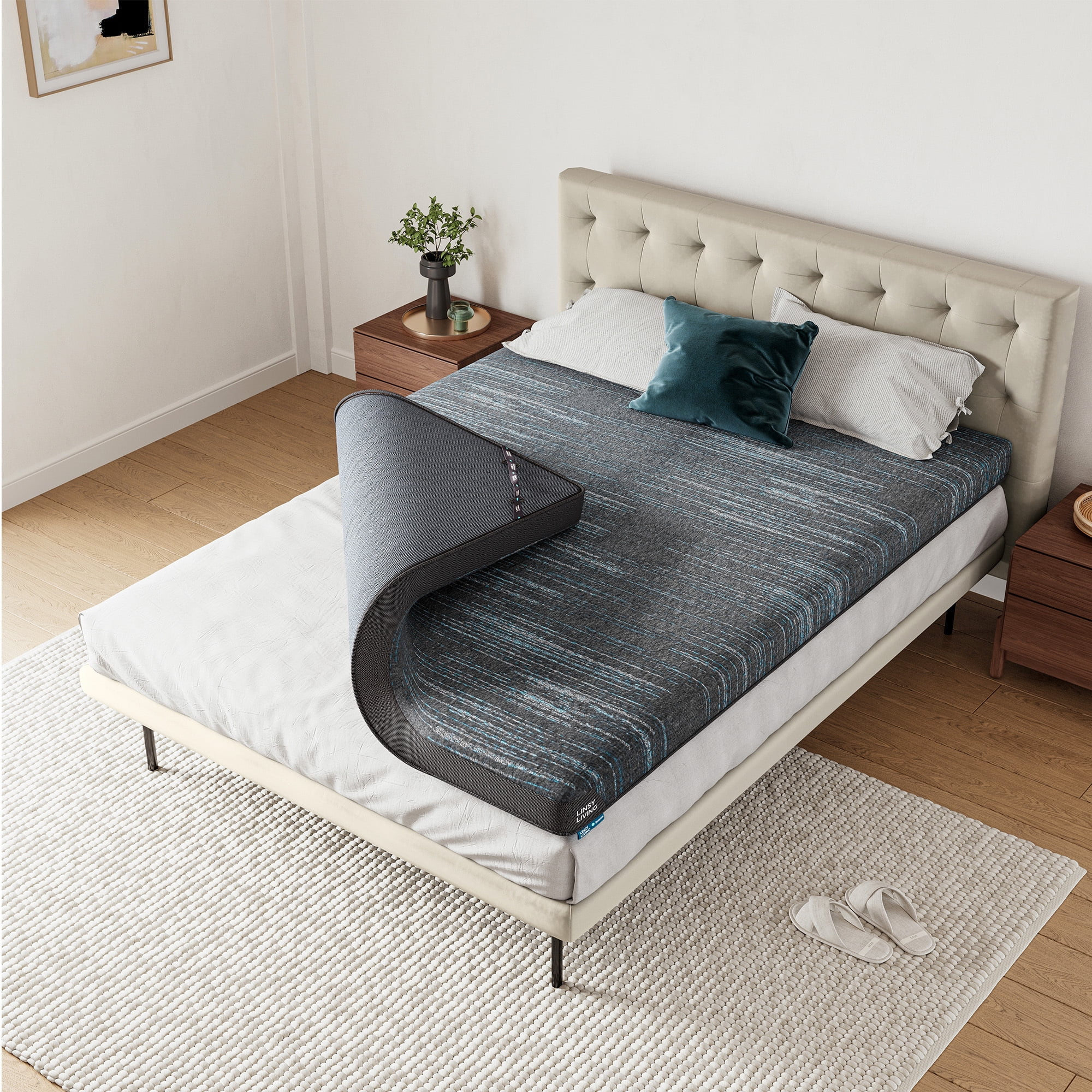 LINSY LIVING 3.5 inch Mattress Topper Queen, 3-Layer Firm Memory Foam ...