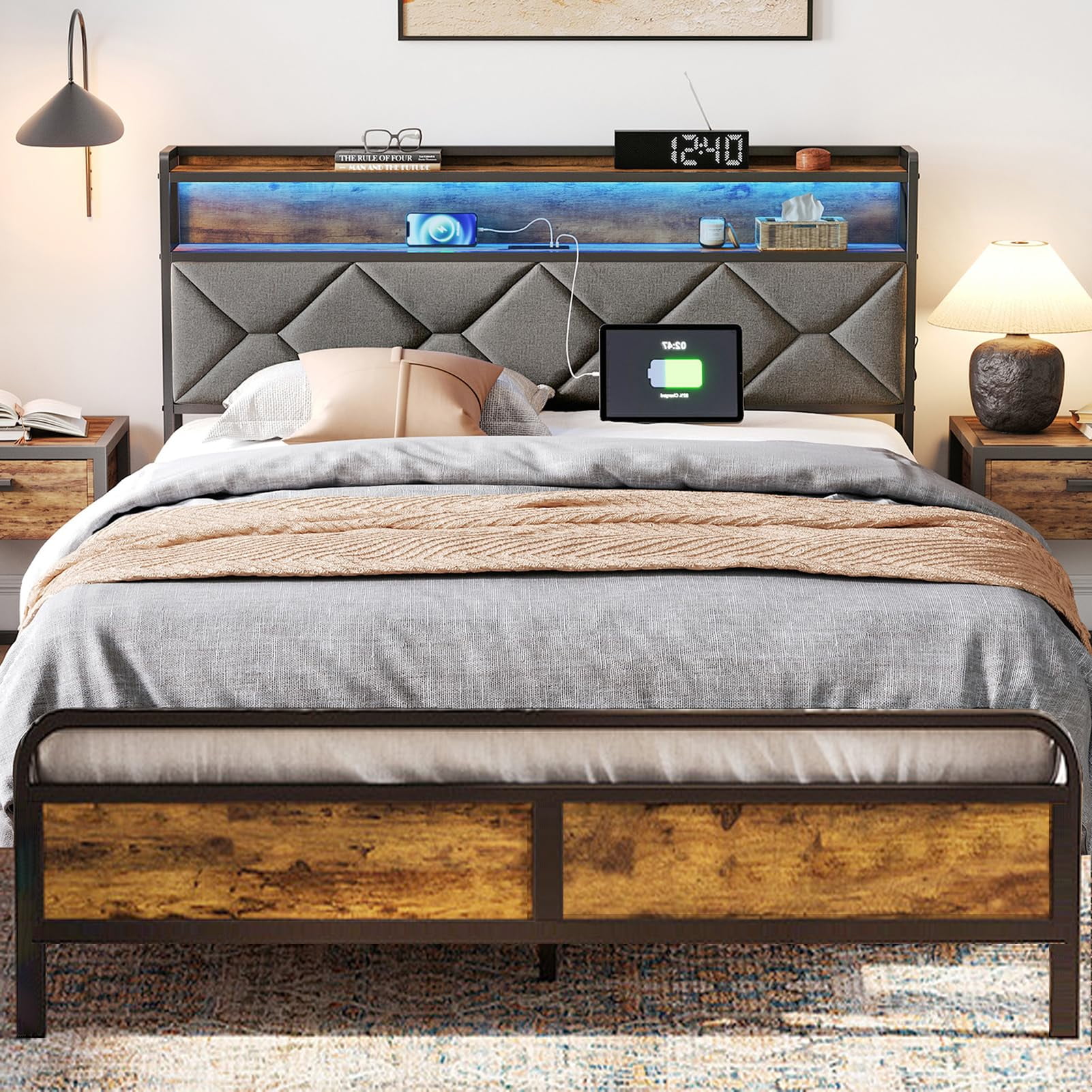 LINSY Queen Bed Frame with Storage Headboard, Upholstered Platform ...