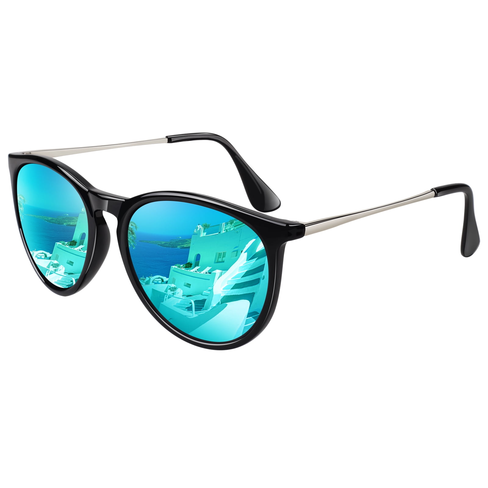 LINVO Round Polarized Black Blue Sunglasses for Women Men UV400 Vintage ...