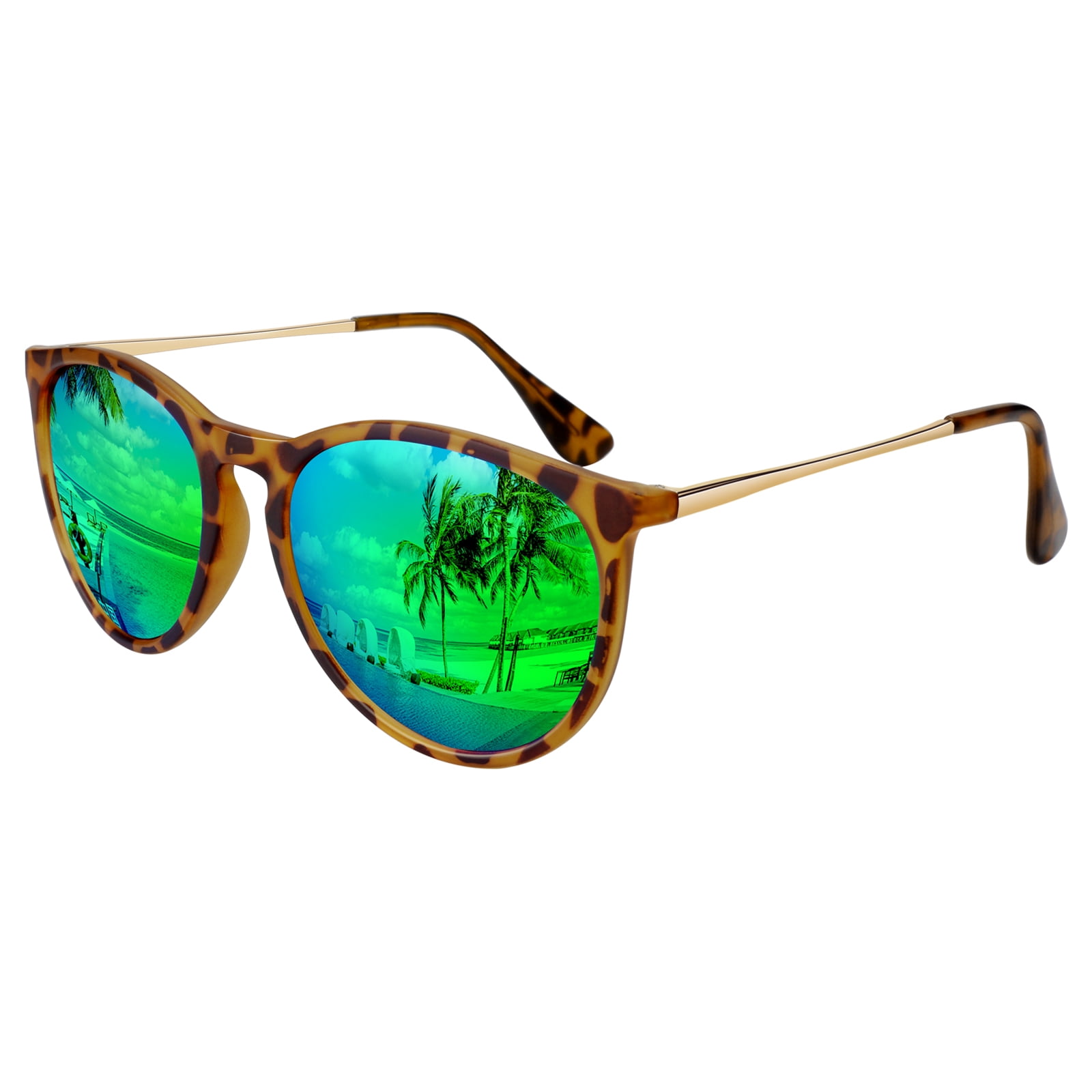 LINVO Round Polarized Tortoise Frame Green Sunglasses for Women Men ...