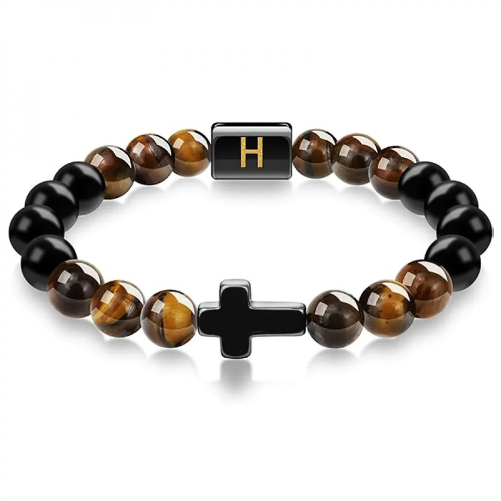LINXIQIN Men’s Beaded Bracelet with Cross and A–Z Initial, Onyx and ...