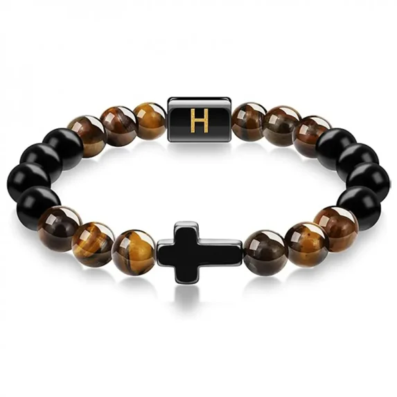 LINXIQIN Men’s Beaded Bracelet with Cross and A–Z Initial, Onyx and ...