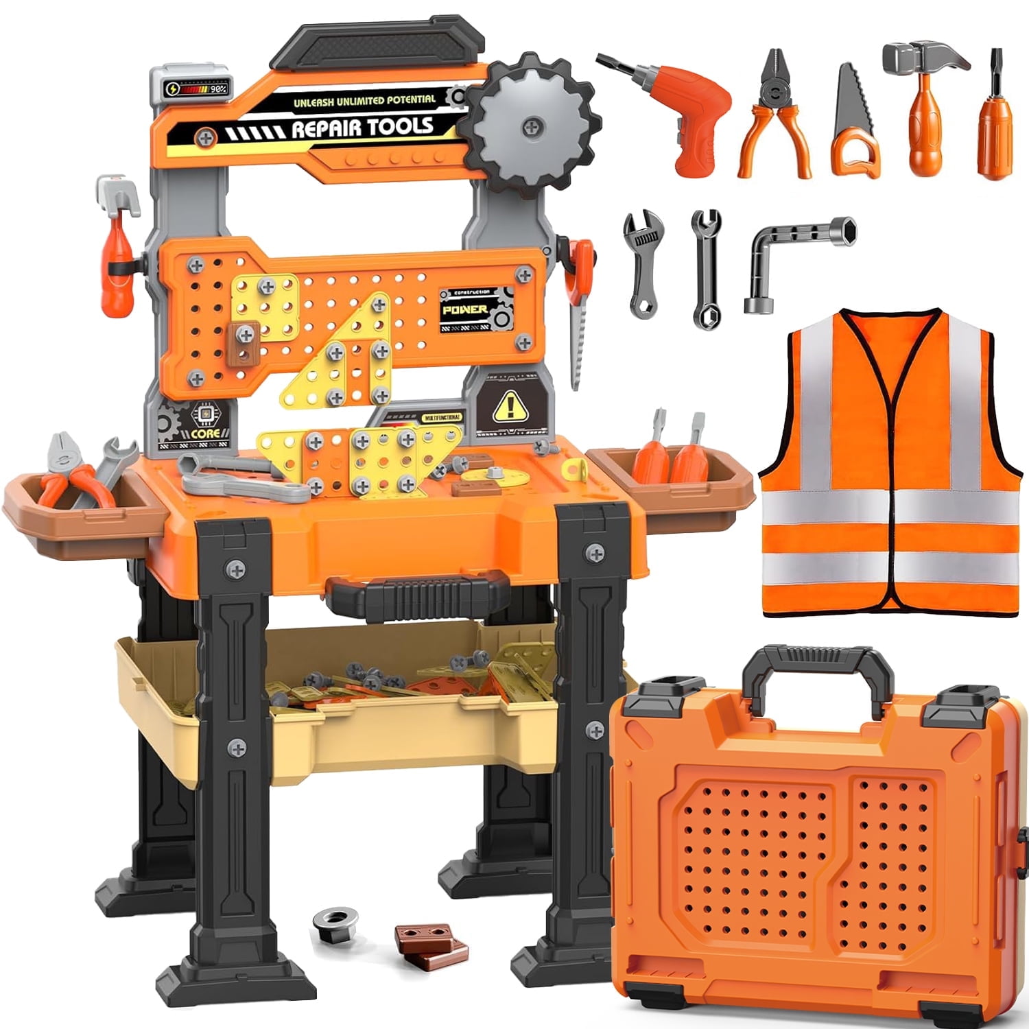 LINXUXIE 156PCS Pretend Construction Toy Set with Drill, Orange Kids ...