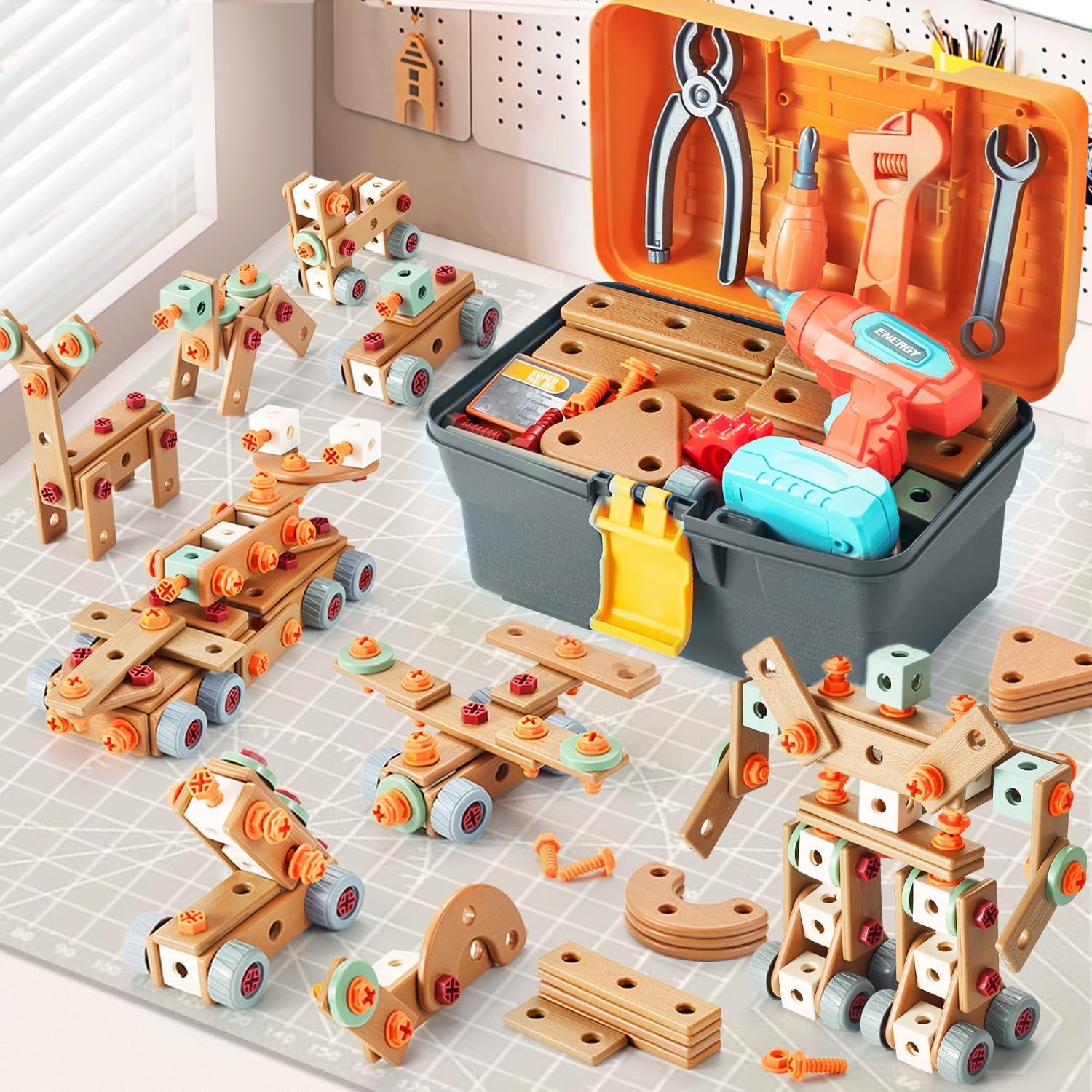 LINXUXIE 158Pcs Toddler Toolbox Set, STEM Building Tools with Storage ...