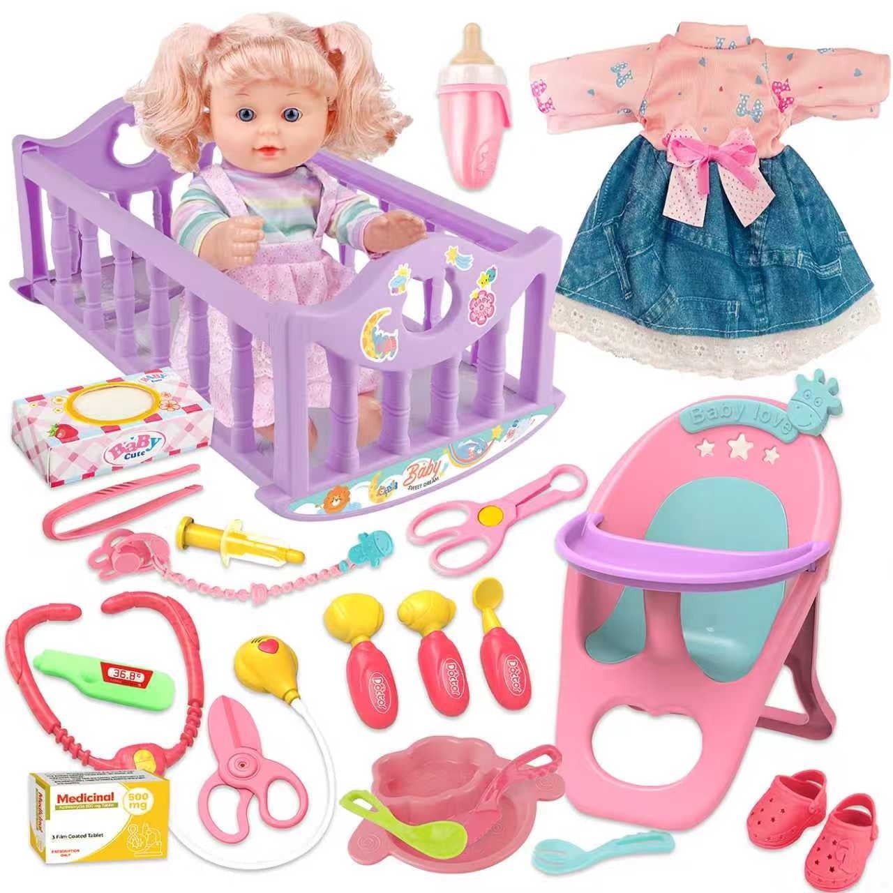LINXUXIE Baby Doll Toys Set with Crib, 12" Doll Toys, 24Pcs Dolls Care ...