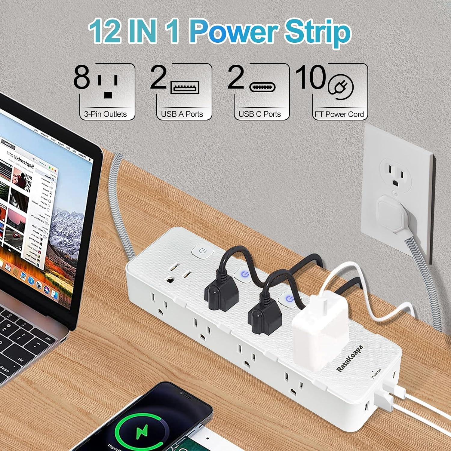 LINYAN-10 Ft Surge Protector Power Strip - 8 Widely AC Outlet 4 USB ...