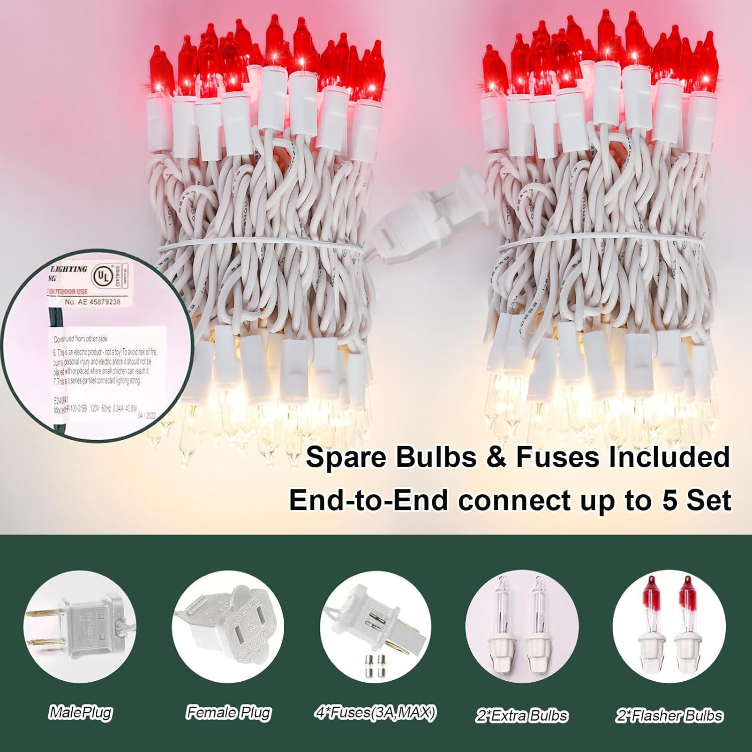 LINYAN-100 Count Red Clear Christmas Lights, White Wire 20Ft ...