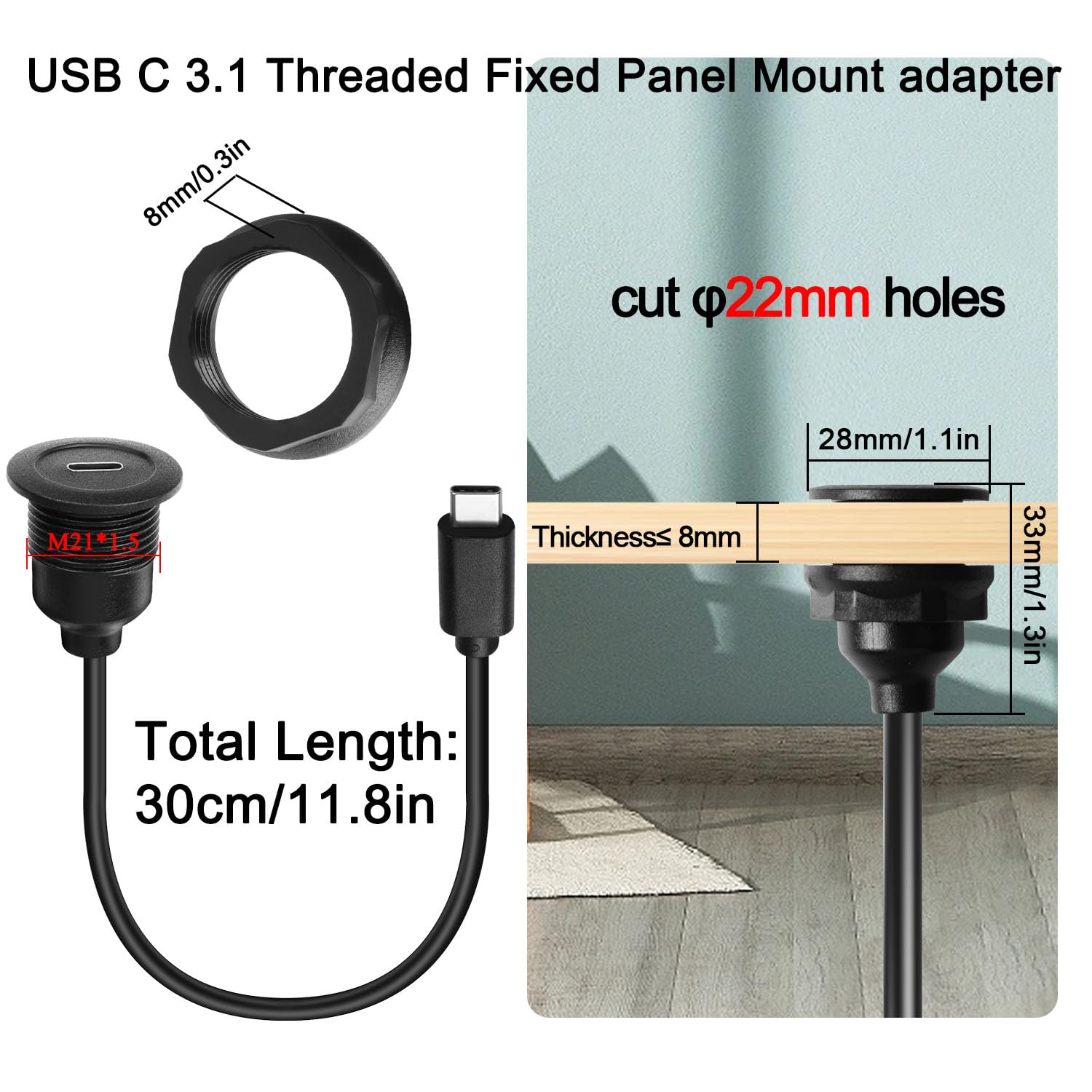 LINYAN-10Gbps USB C 3.1 Threaded Fixed Mount Connector Short Cable PD ...
