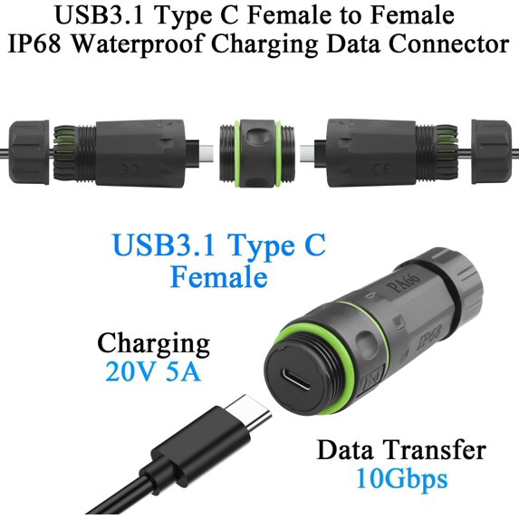 LINYAN-10Gbps USB C Sealed Waterproof Data Connector Coupler USB3.1 ...