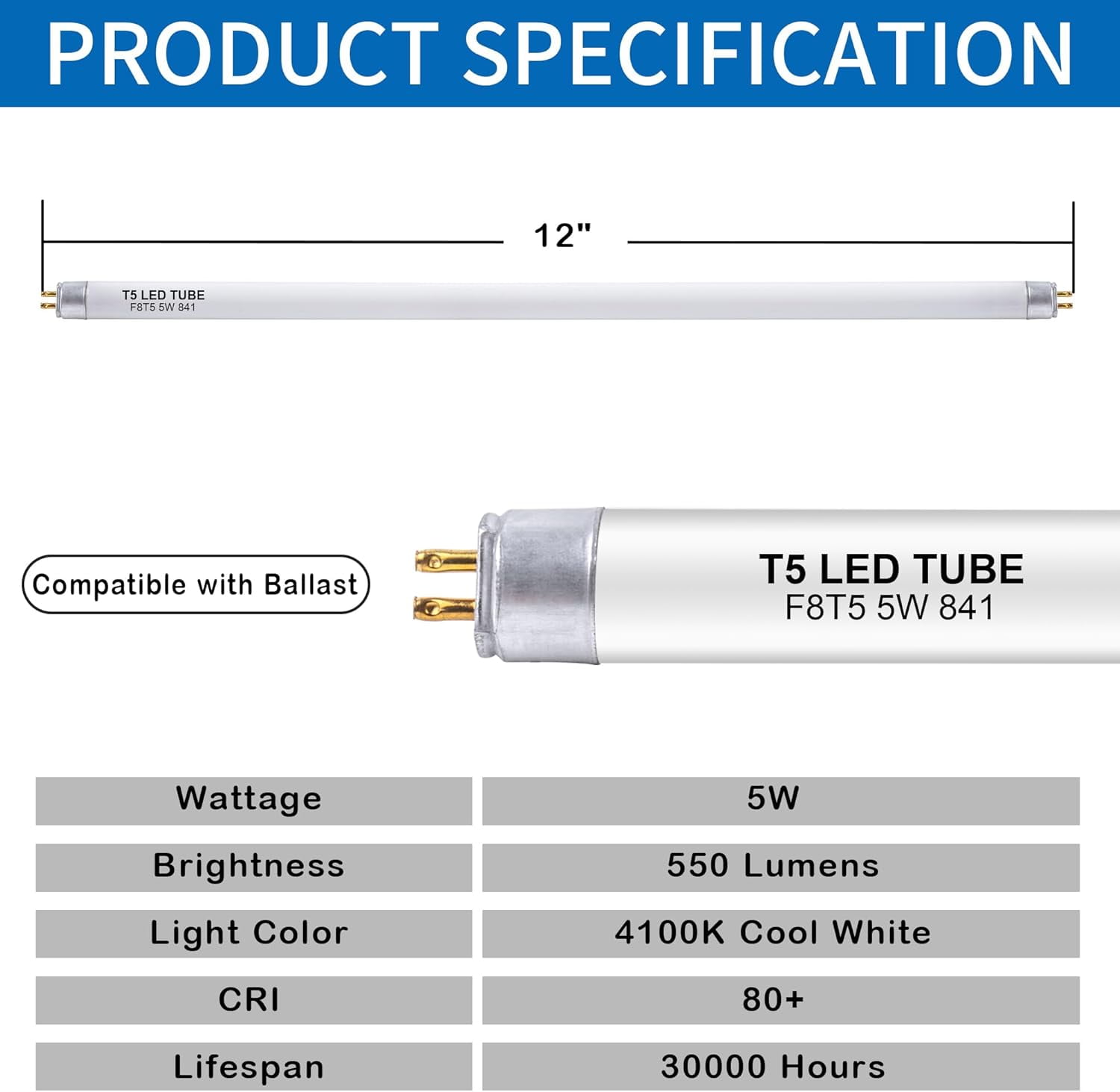 LINYAN-12 Inch F8T5/CW LED Replacement Bulbs, 4100K Cool White, T5 LED ...