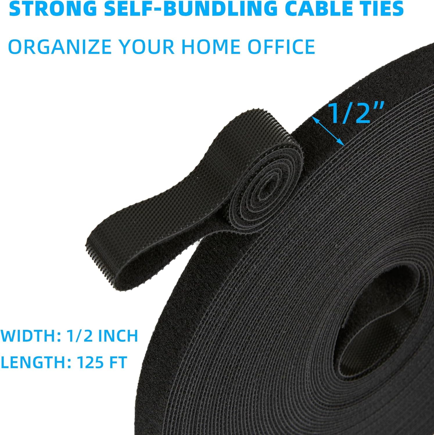 LINYAN-125 ft x 1/2 inch Hook and Loop Roll, Reusable Fastening Cable ...