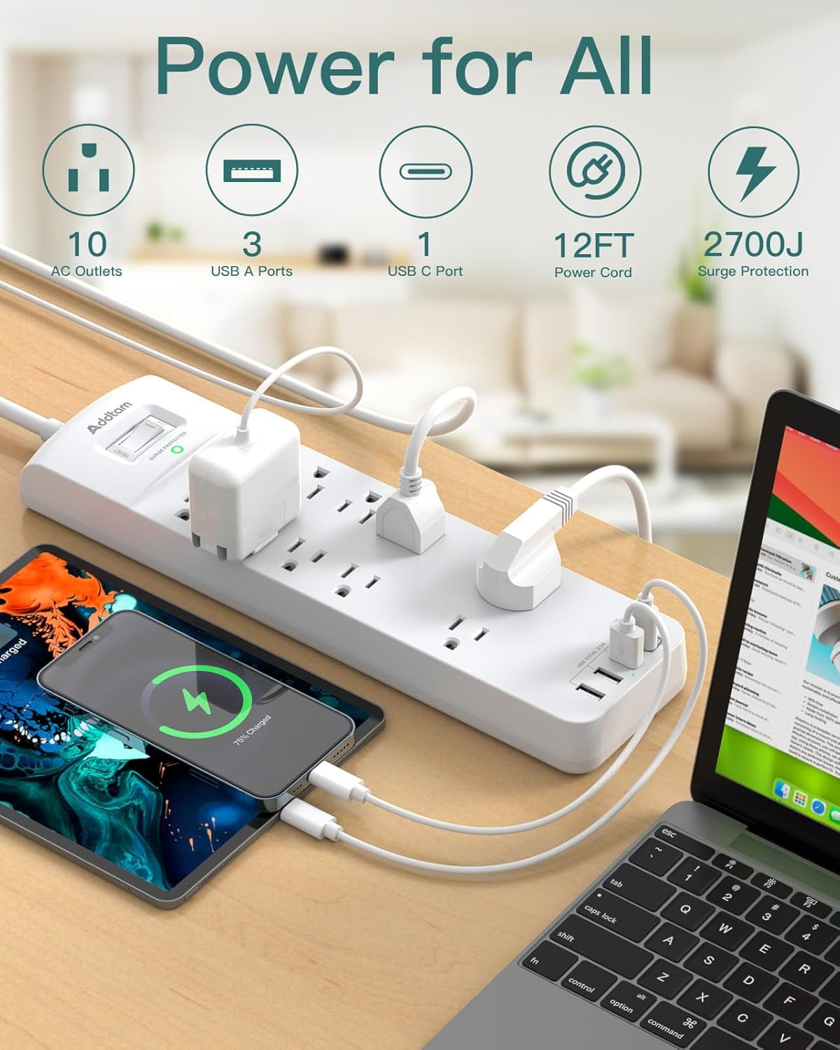 LINYAN-12FT Long Power Strip Surge Protector, Surge Protector with 10 ...