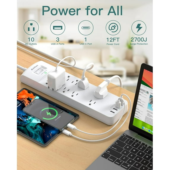 LINYAN-12FT Long Power Strip Surge Protector, Surge Protector with 10 ...
