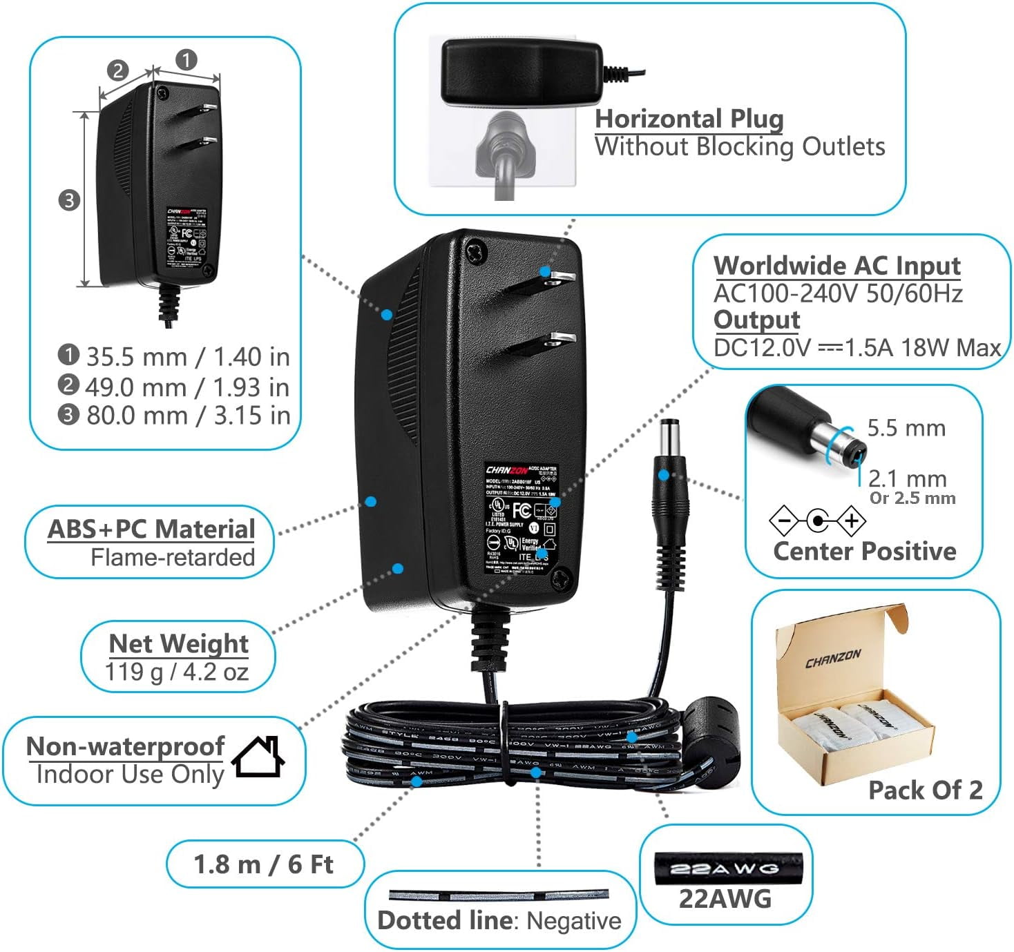 LINYAN-12V 1.5A UL Listed 18W AC DC Switching Power Supply Adapter ...