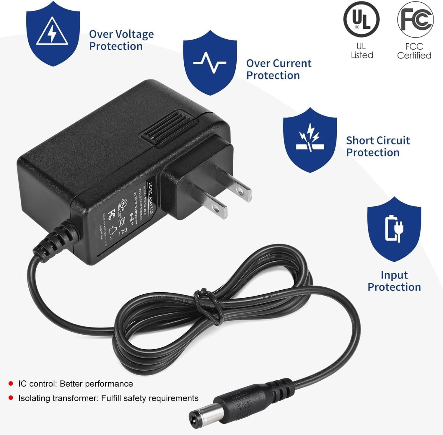 LINYAN-12V 2A Power Supply Adapter, UL-Listed, 120V AC to 12V DC ...