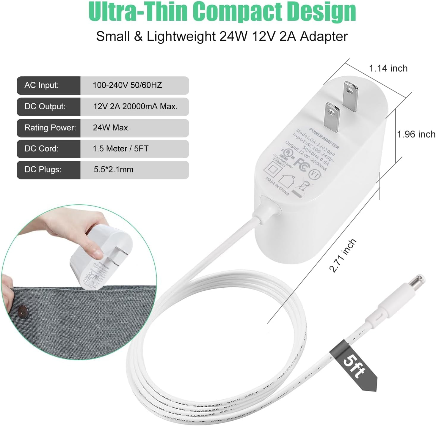 LINYAN-12V 2A Power Supply Adapter, UL-Listed, 240V AC to 12V DC ...