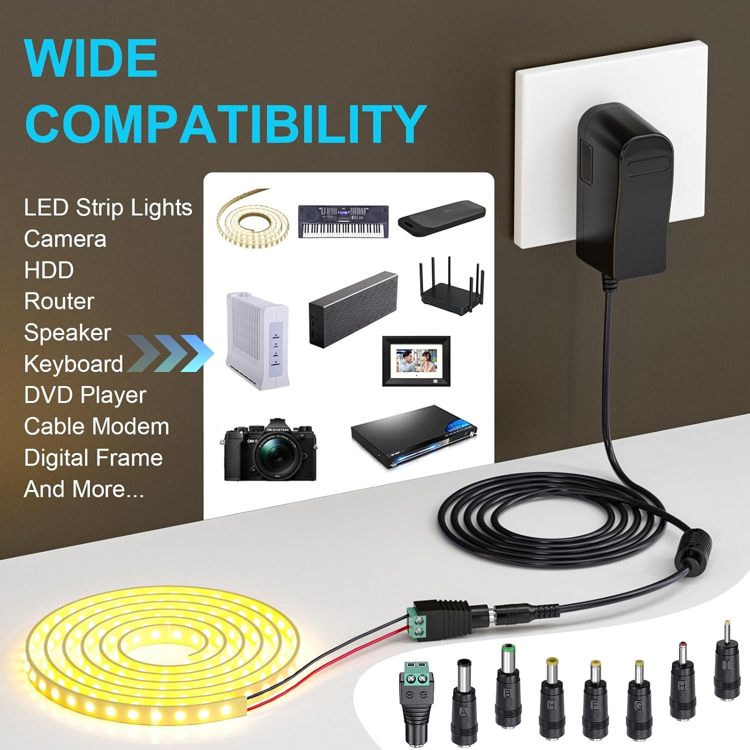 LINYAN-12V 2A Power Supply Regulated 12 Volt DC Power Adapter with 8 ...