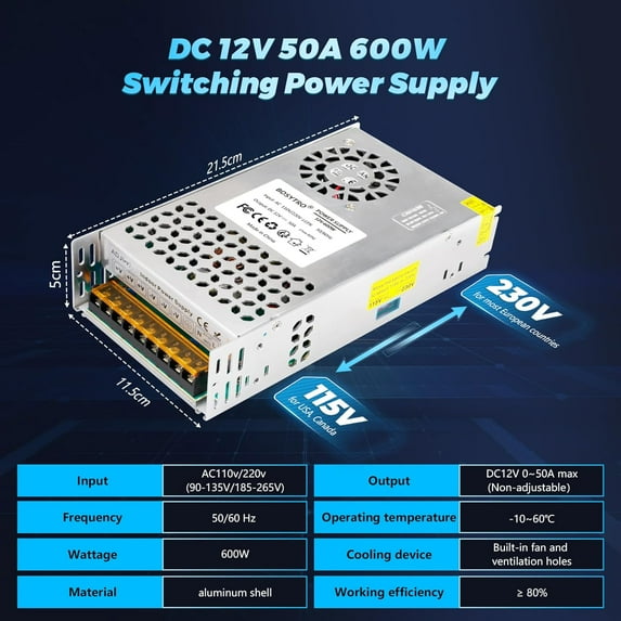LINYAN-12V 50A 600W DC Switching Power Supply, AC 110v to 12v Converter ...