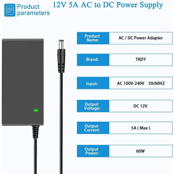 LINYAN-12V 5A Monitor Power Supply Adapter, 60W AC 100V-240V to DC 12 ...