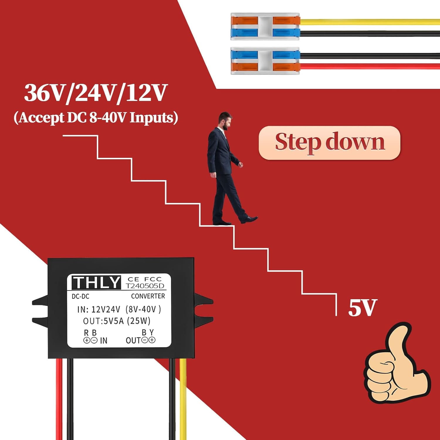 LINYAN-12V to 5V Step Down Converter 5A 25W with Wire Terminal Block ...