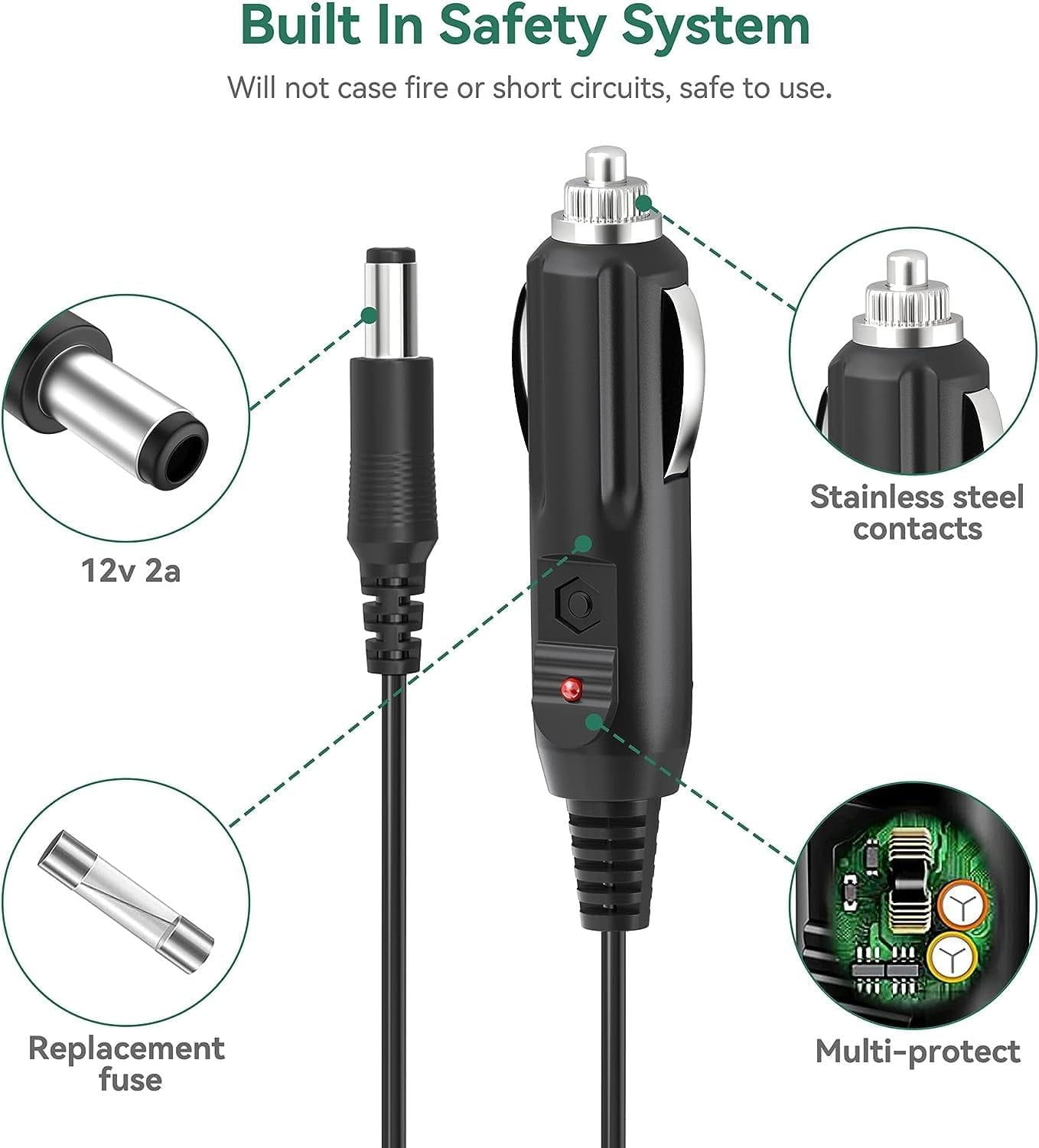 LINYAN-12V DC Car Charger with 18AWG Cable, DC 5.5mm x 2.5mm Cigarette ...
