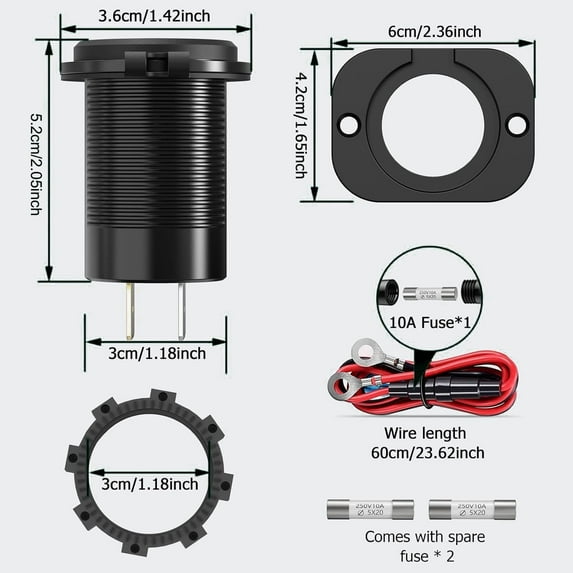 LINYAN-12V USB C Outlet Car Fast Charging Socket,66W Dual QC3.0 and PD ...