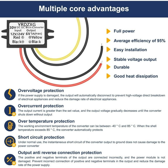 LINYAN-12V to 6V 5A 30W DC-DC24V to 6V Step-Down Adapter, Buck ...