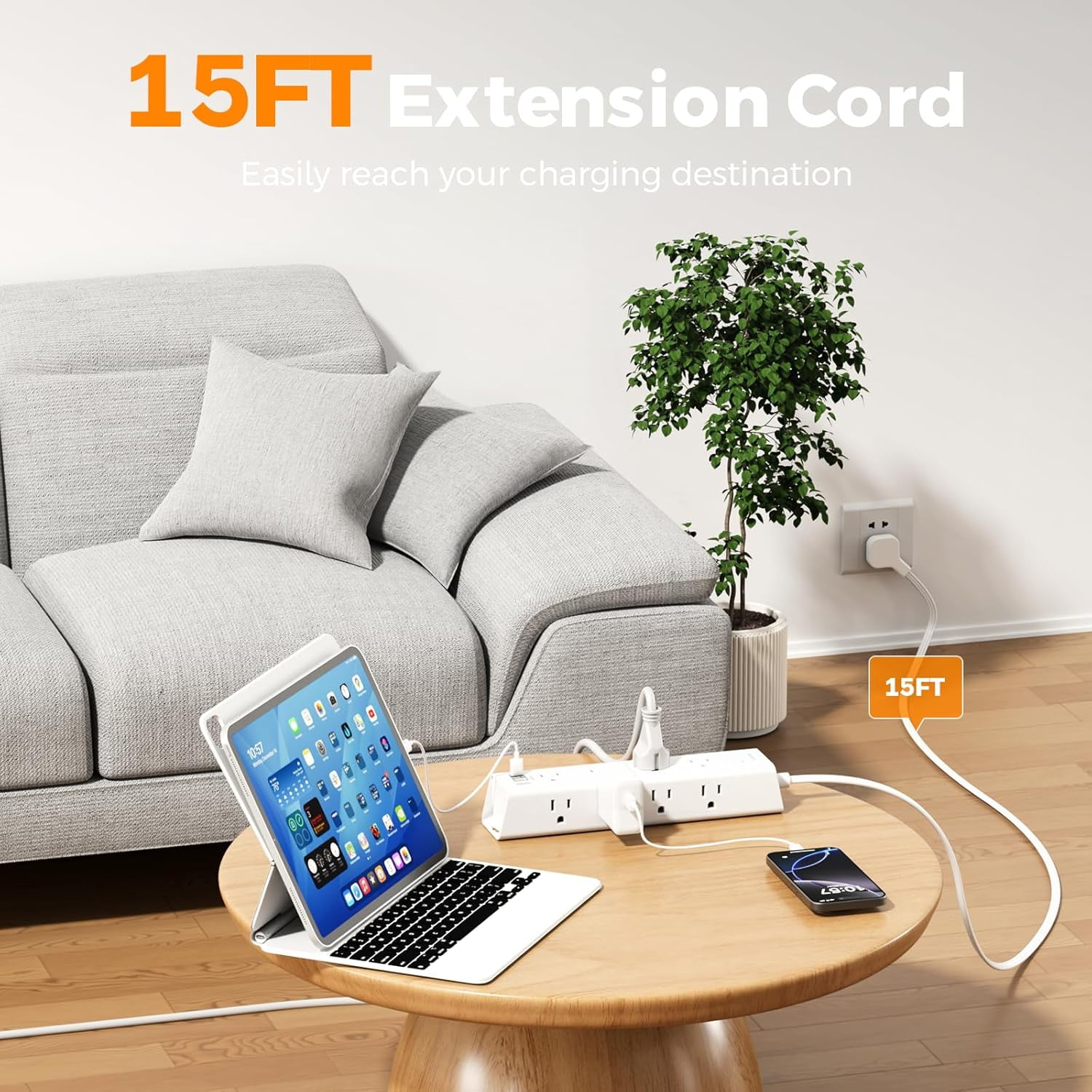 LINYAN-15Ft Extension Cord with Multiple Outlets, Flat Plug Power Strip ...